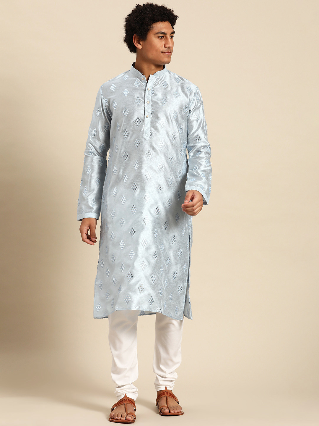 Buy RAJUBHAI HARGOVINDAS Men Blue Mirror Work Kurta With Churidar ...