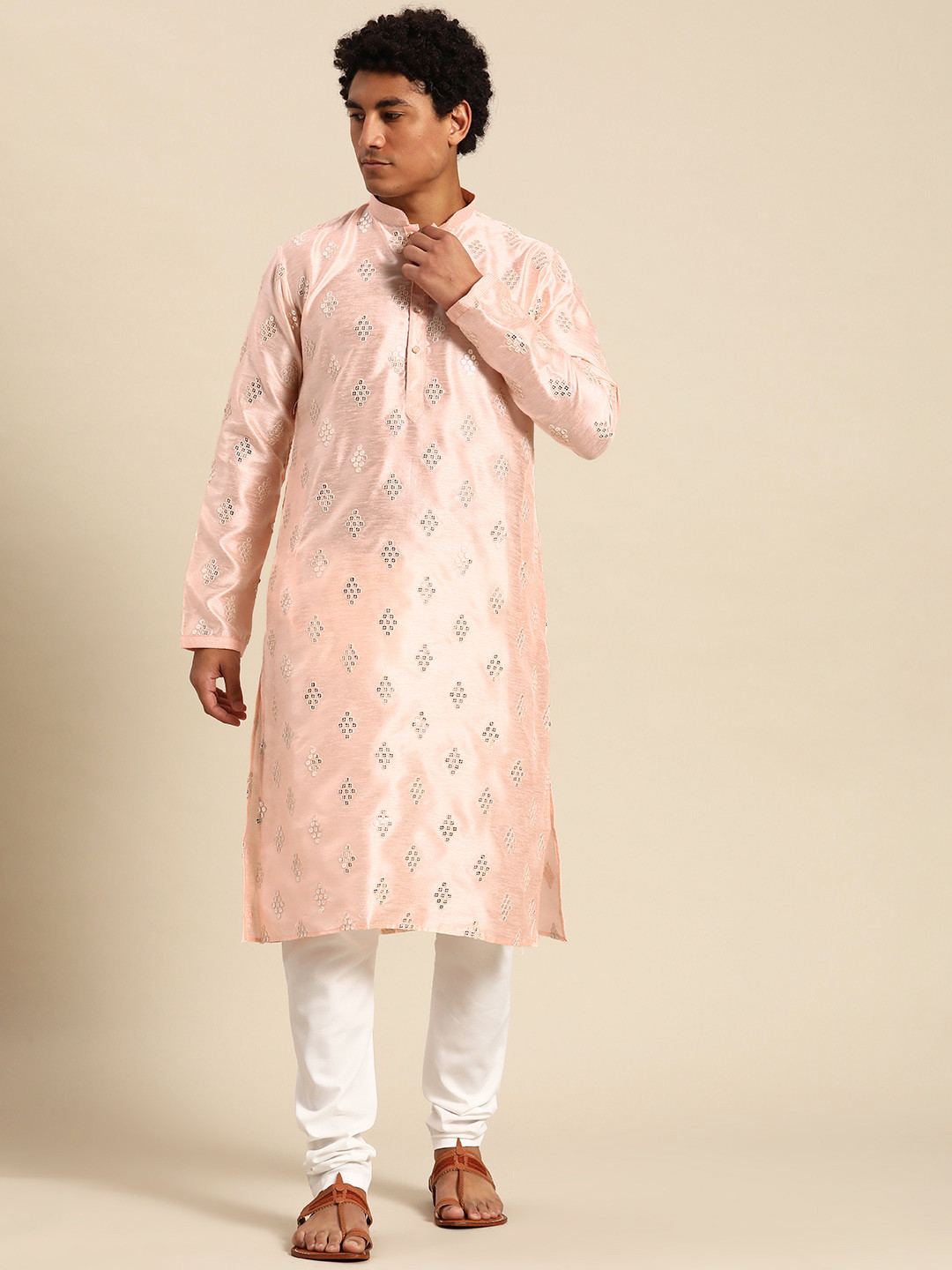 Buy RAJUBHAI HARGOVINDAS Men Pink Mirror Work Kurta With Churidar ...