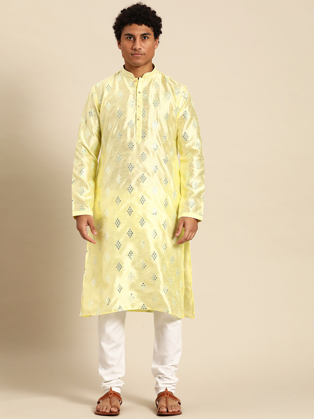 Buy RAJUBHAI HARGOVINDAS Men Yellow Mirror Work Kurta With Churidar ...