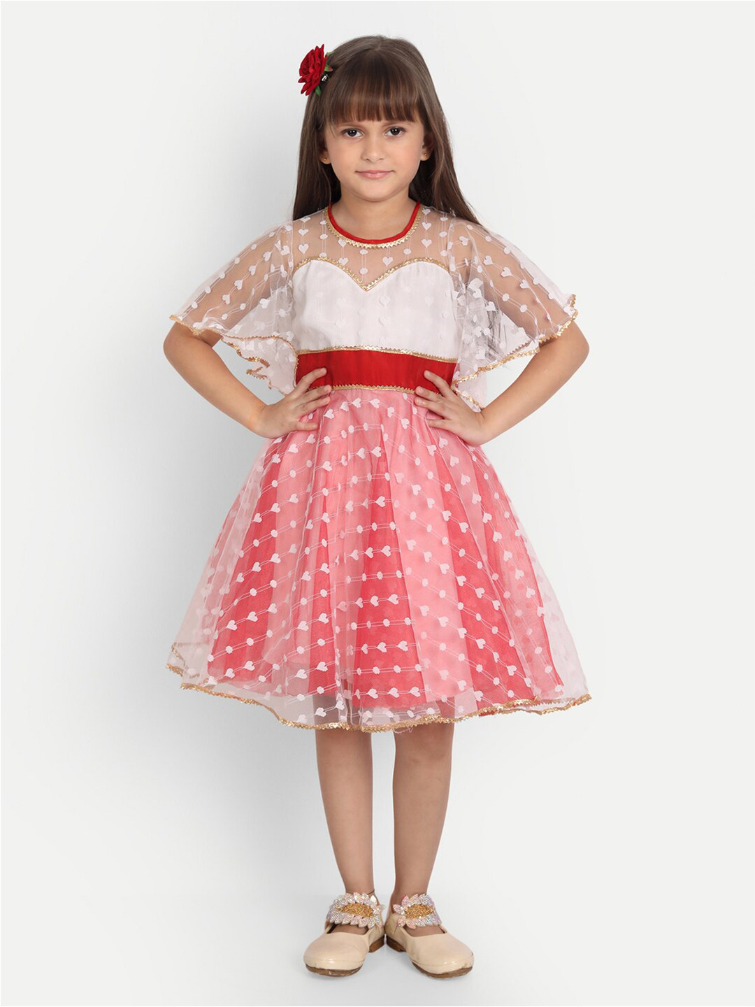 Buy R Cube Girls Red & White Self Design Round Neck Satin Dress ...
