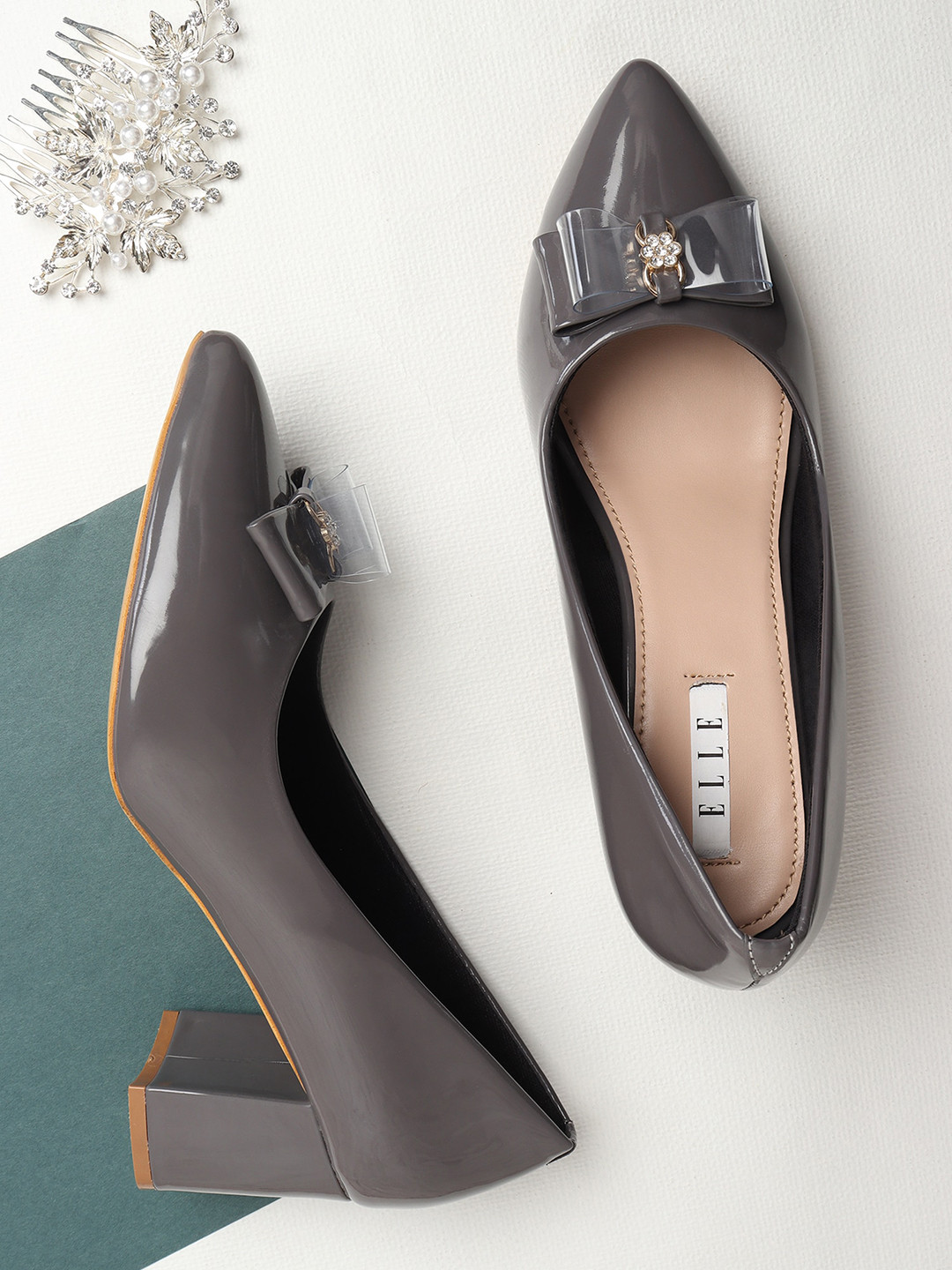 Buy ELLE Grey Block Heel Solid Pumps With Bow - Heels for Women ...