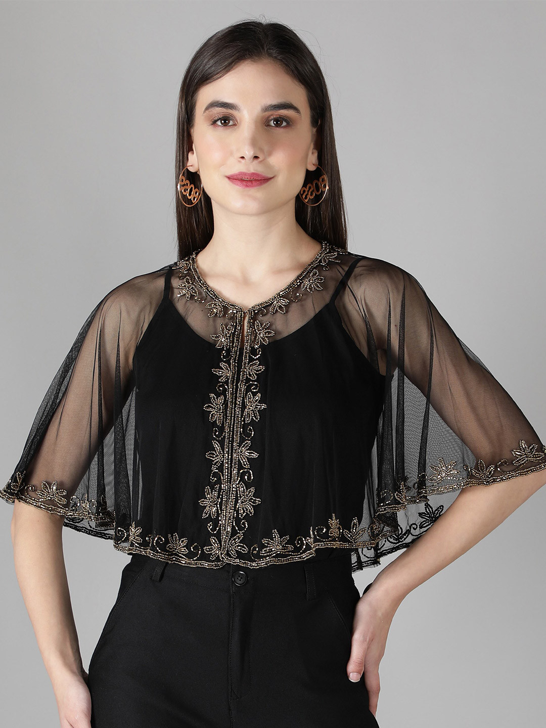 Buy DEBONATELLA Women Black & Gold Embellished Tie Up Short Shrug ...