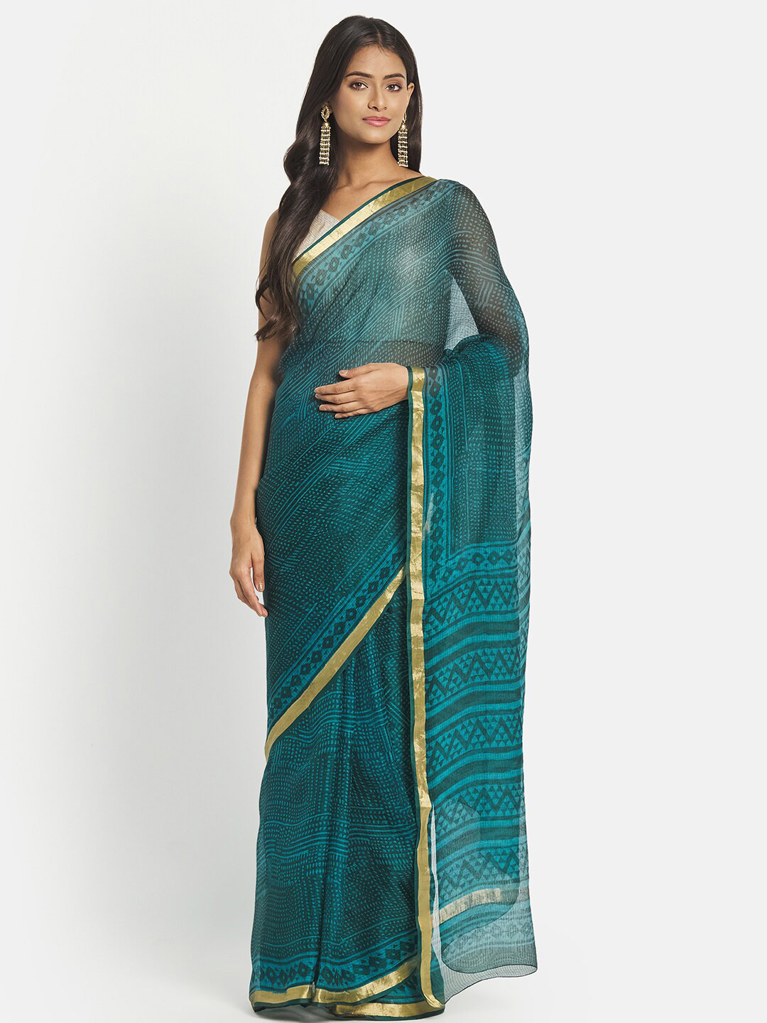 Buy Fabindia Green & Gold Toned Dabu Zari Pure Silk Dabu Saree - Sarees ...