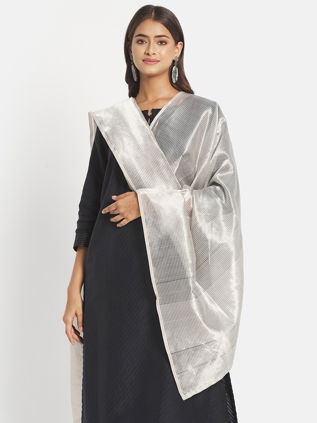 Buy Fabindia Women Silver Toned Striped Cotton Silk Dupatta - Dupatta ...