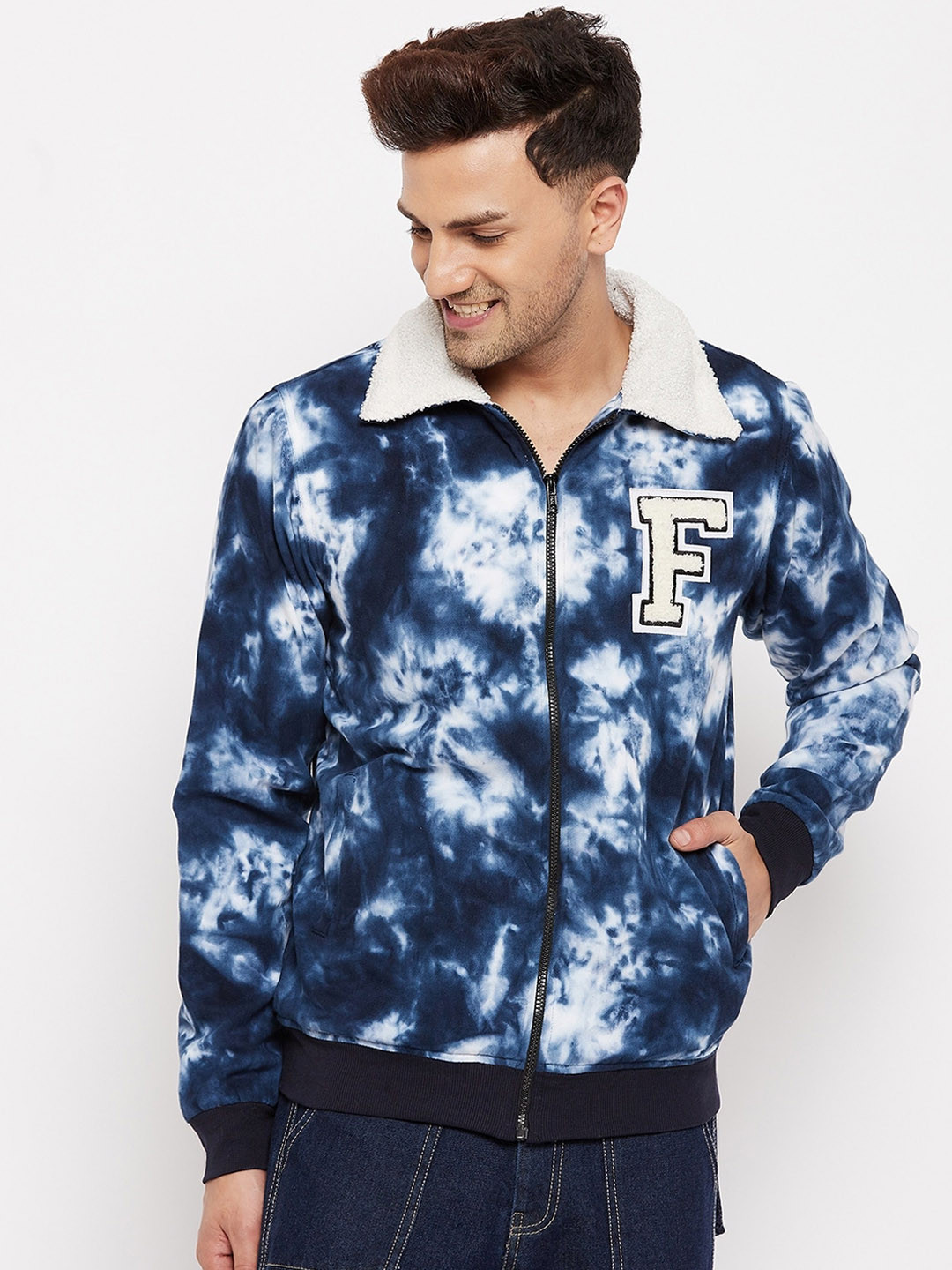 Buy FUGAZEE Men Blue White Tie And Dye Cotton Varsity Jacket - Jackets ...