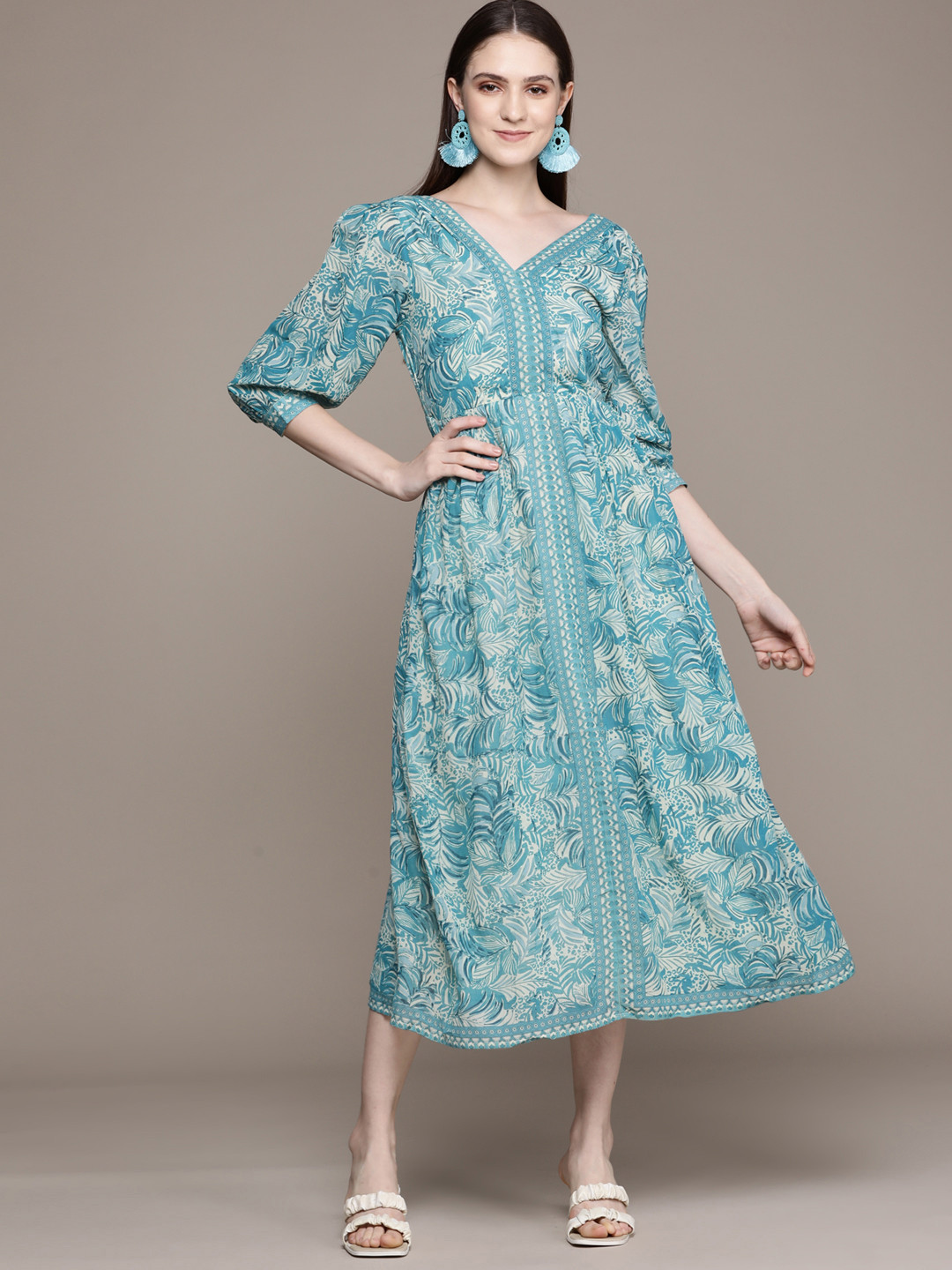 Buy Label Ritu Kumar Green Tropical Midi Dress - Dresses for Women ...