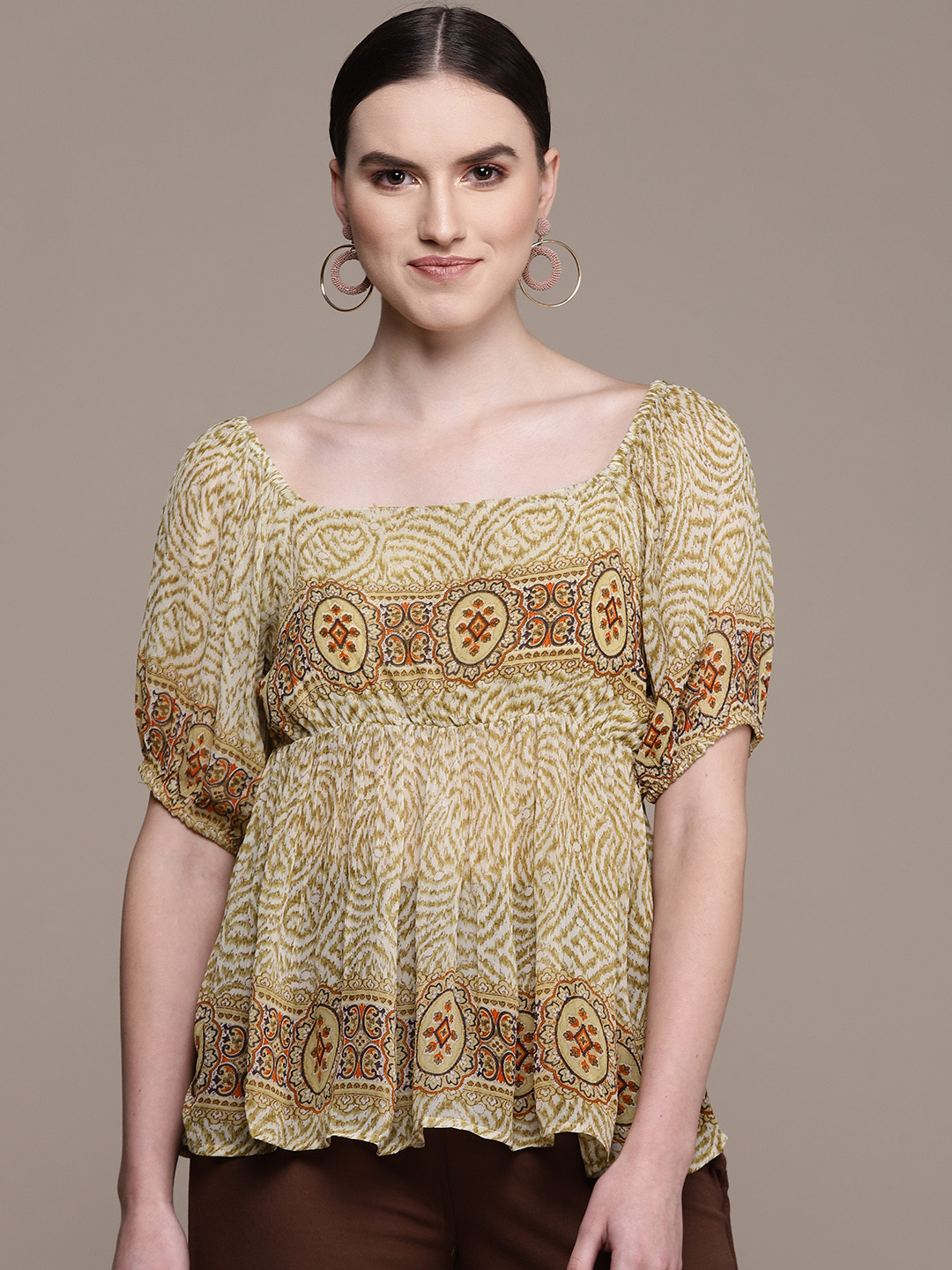 Buy Label Ritu Kumar Green Print Smocked Georgette Cinched Waist Top ...