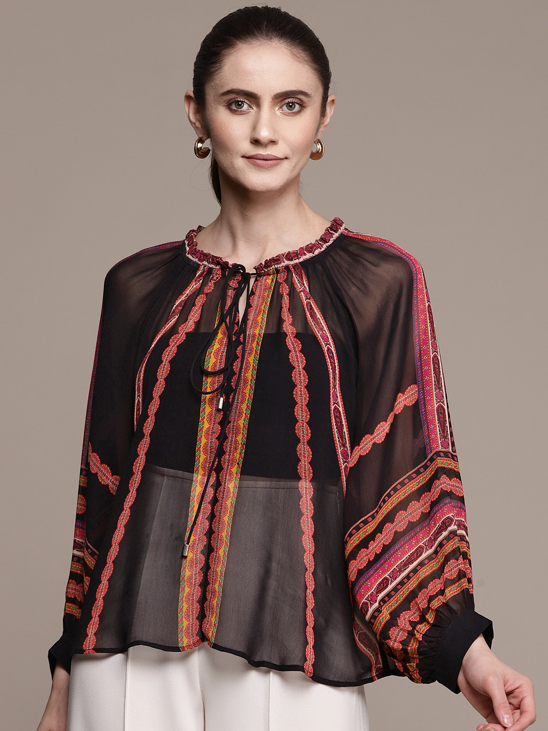 Buy Label Ritu Kumar Black Print Tie Up Neck Georgette Top - Tops for ...