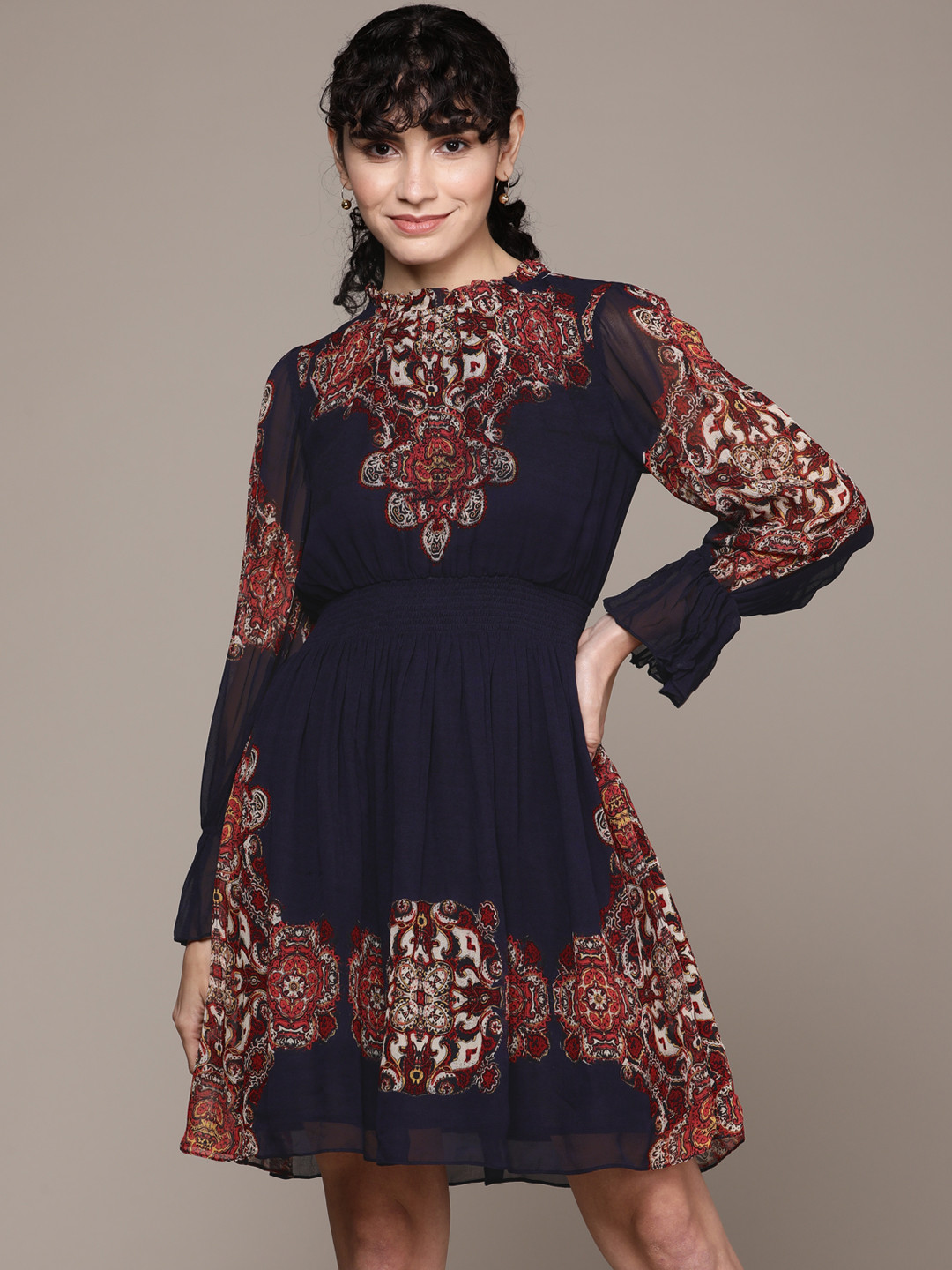 Buy Label Ritu Kumar Blue Ethnic Motifs Georgette A Line Dress ...