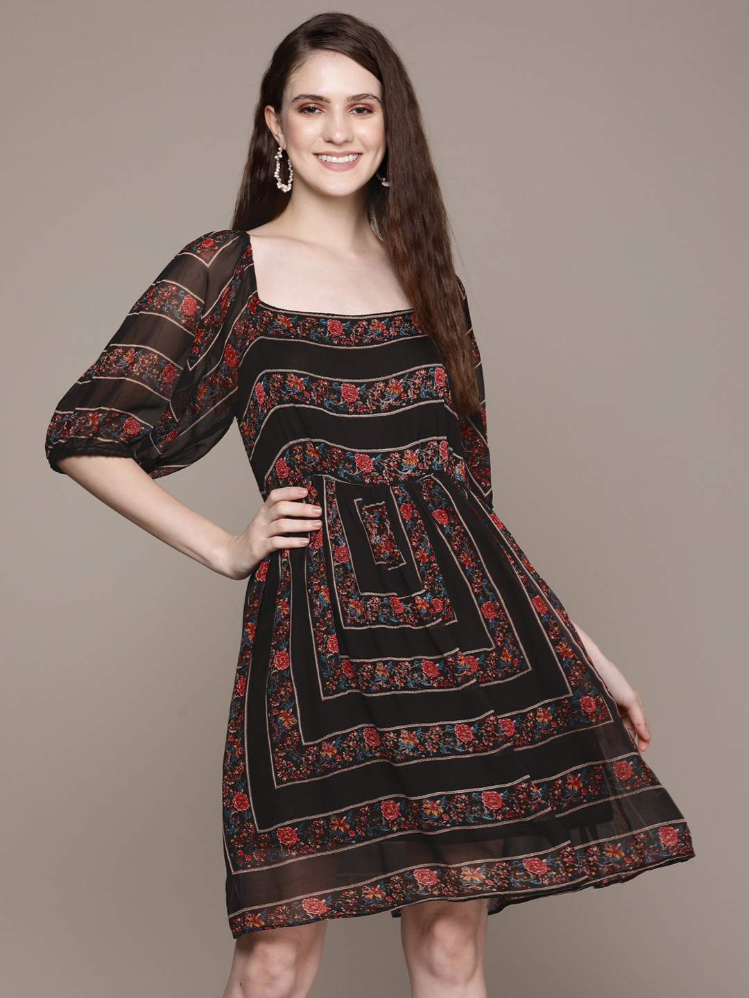 Buy Label Ritu Kumar Black Floral Georgette Dress - Dresses for Women ...