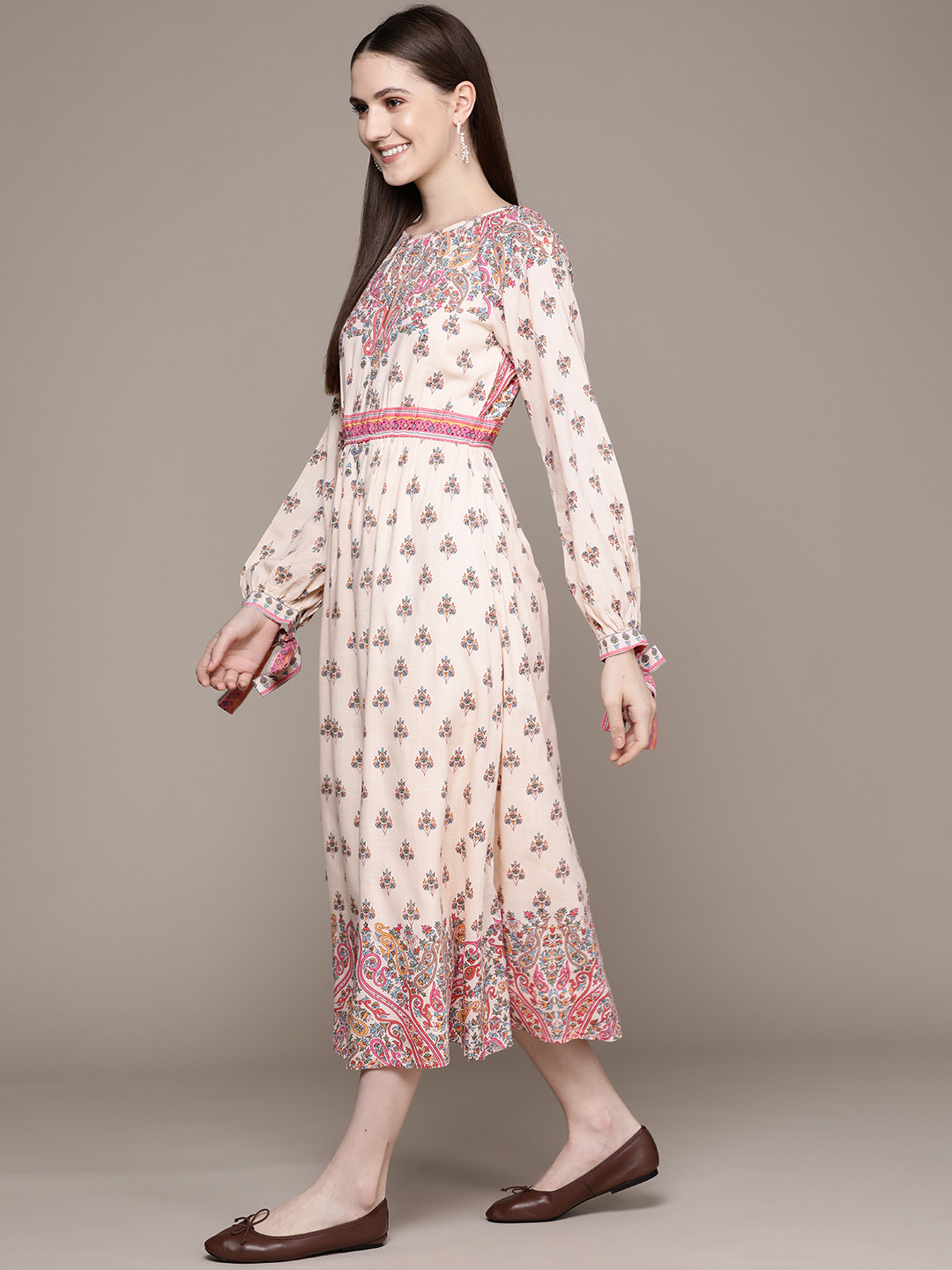 Buy Label Ritu Kumar Off White Ethnic Motifs Keyhole Neck Midi Dress ...