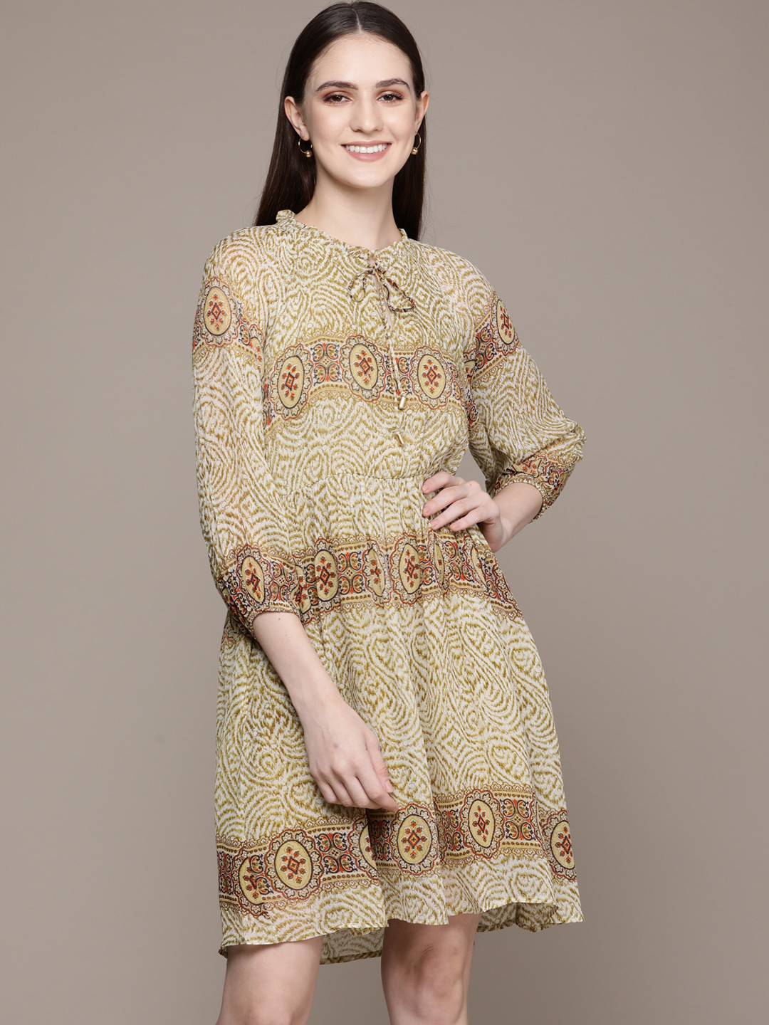 Buy Label Ritu Kumar Women Green & Orange Ethnic Motifs Georgette A ...