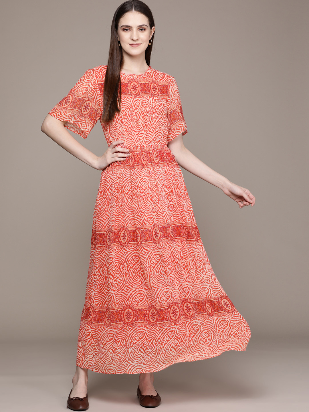 Buy Label Ritu Kumar Women Red & White Ethnic Motifs Georgette Maxi ...