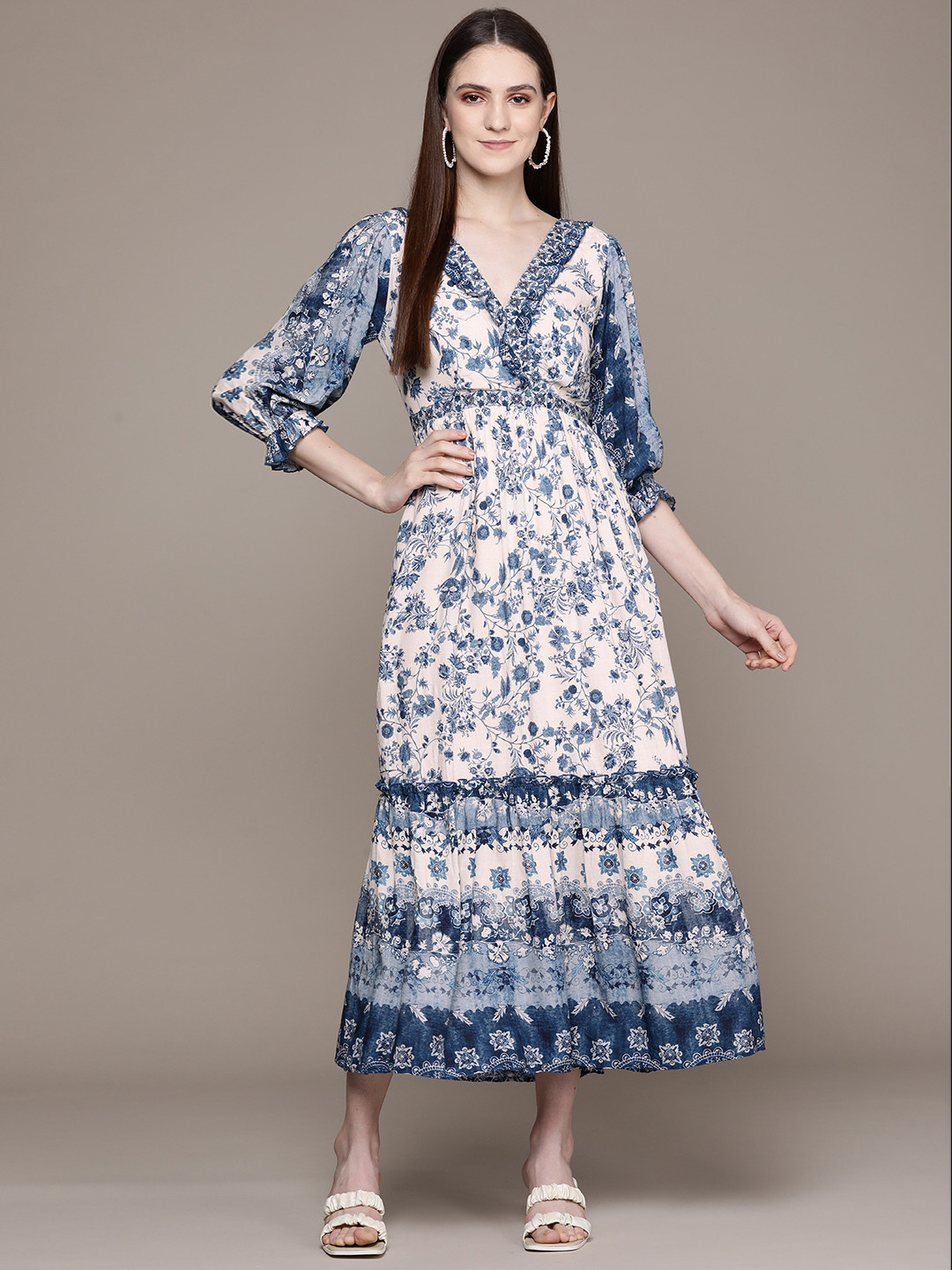 Buy Label Ritu Kumar Women Blue & White Ethnic Motifs A Line Maxi Dress ...