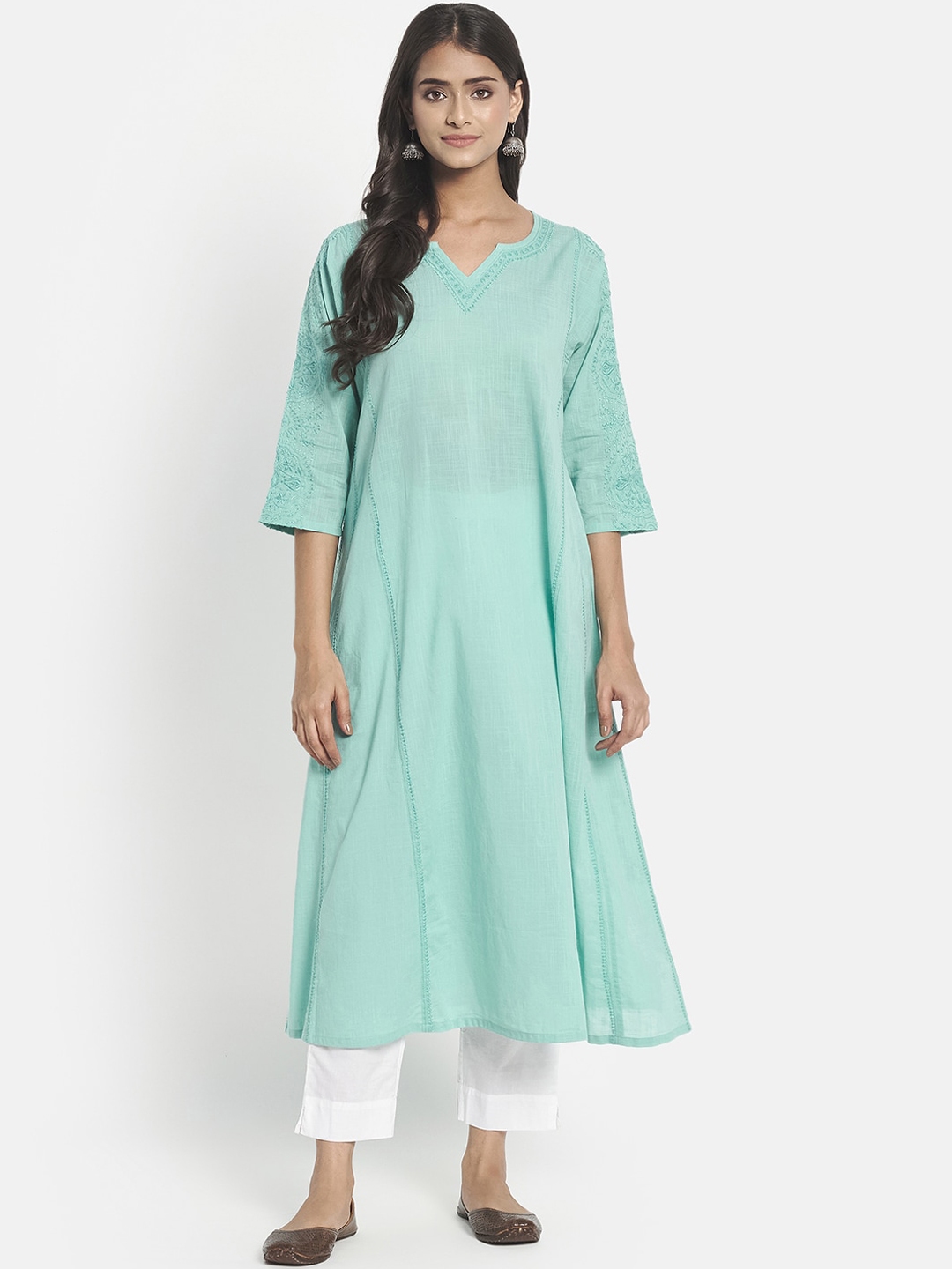 Buy Fabindia Women Sea Green Embroidered Cotton A Line Kurta Kurtas