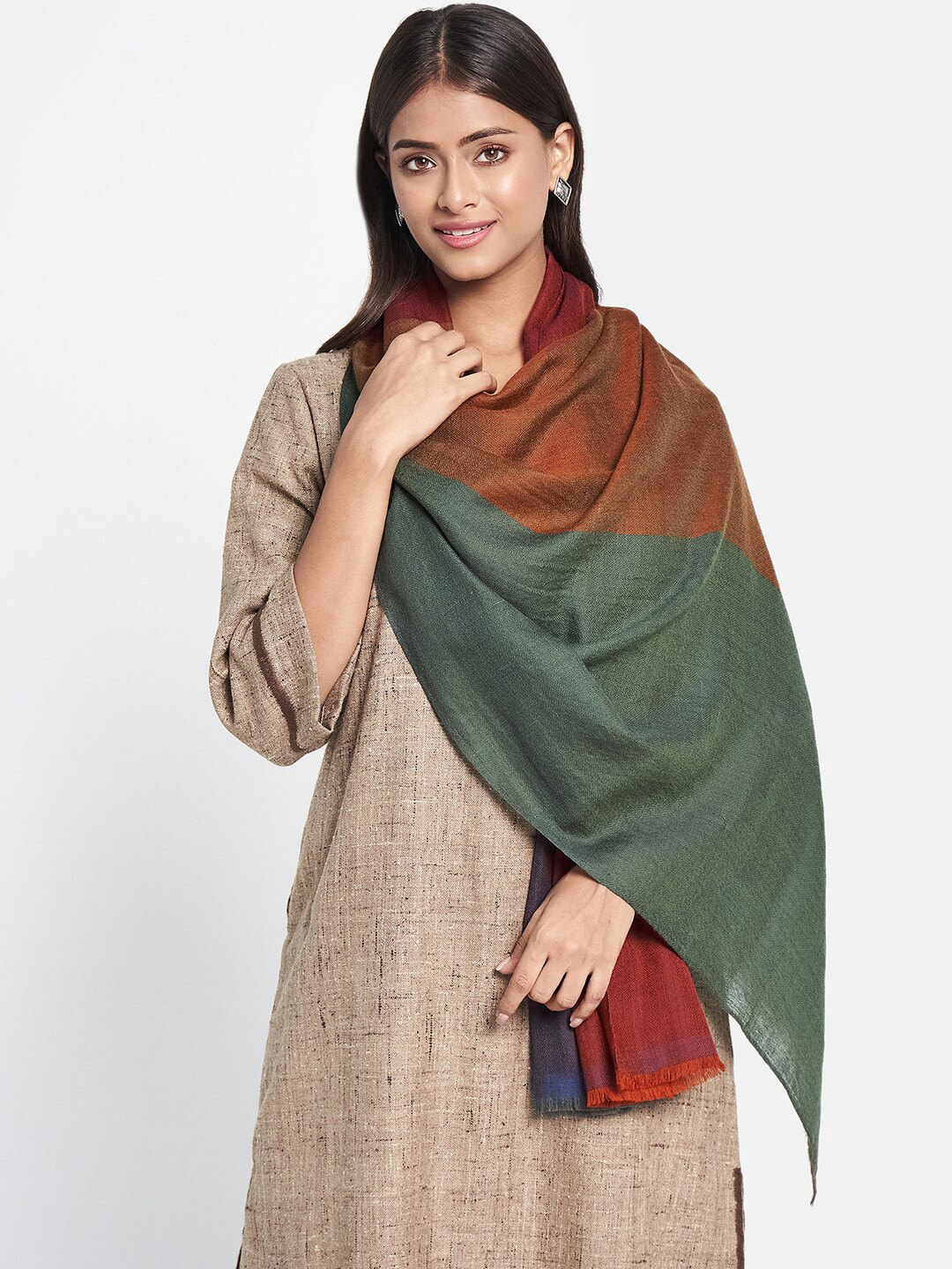 Buy Fabindia Women Brown & Green Colourblocked Woolen Stole - Stoles ...