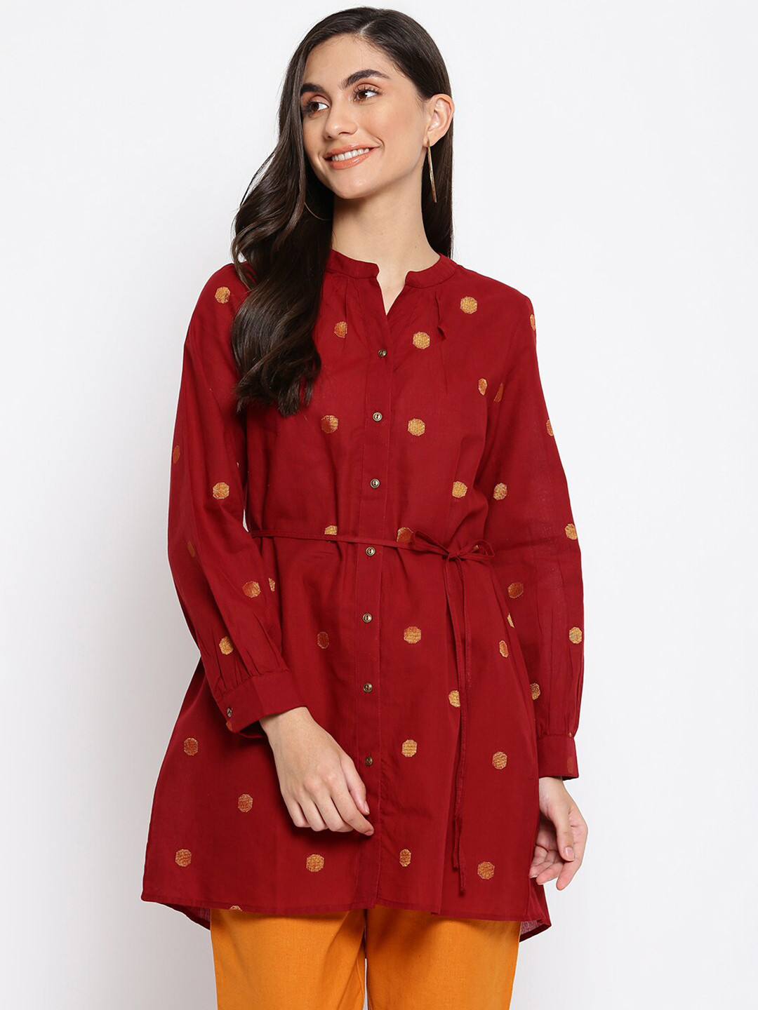 Buy Fabindia Women Maroon & Gold Toned Mandarin Collar Cotton Tunic ...
