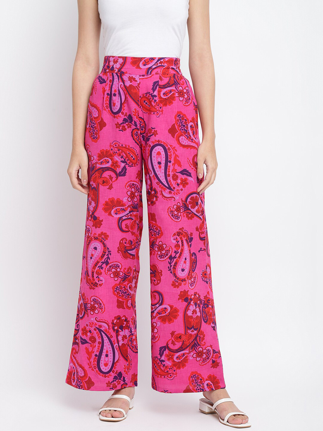 Buy Fabindia Women Pink & Purple Paisley Printed Cotton Linen Palazzos ...