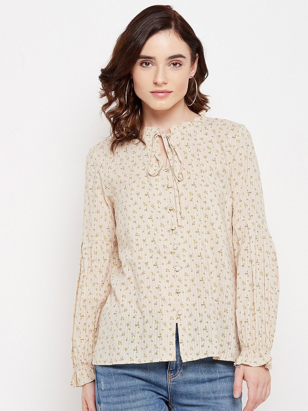 Buy Madame Women Beige Floral Print Tie Up Neck Top - Tops for Women ...
