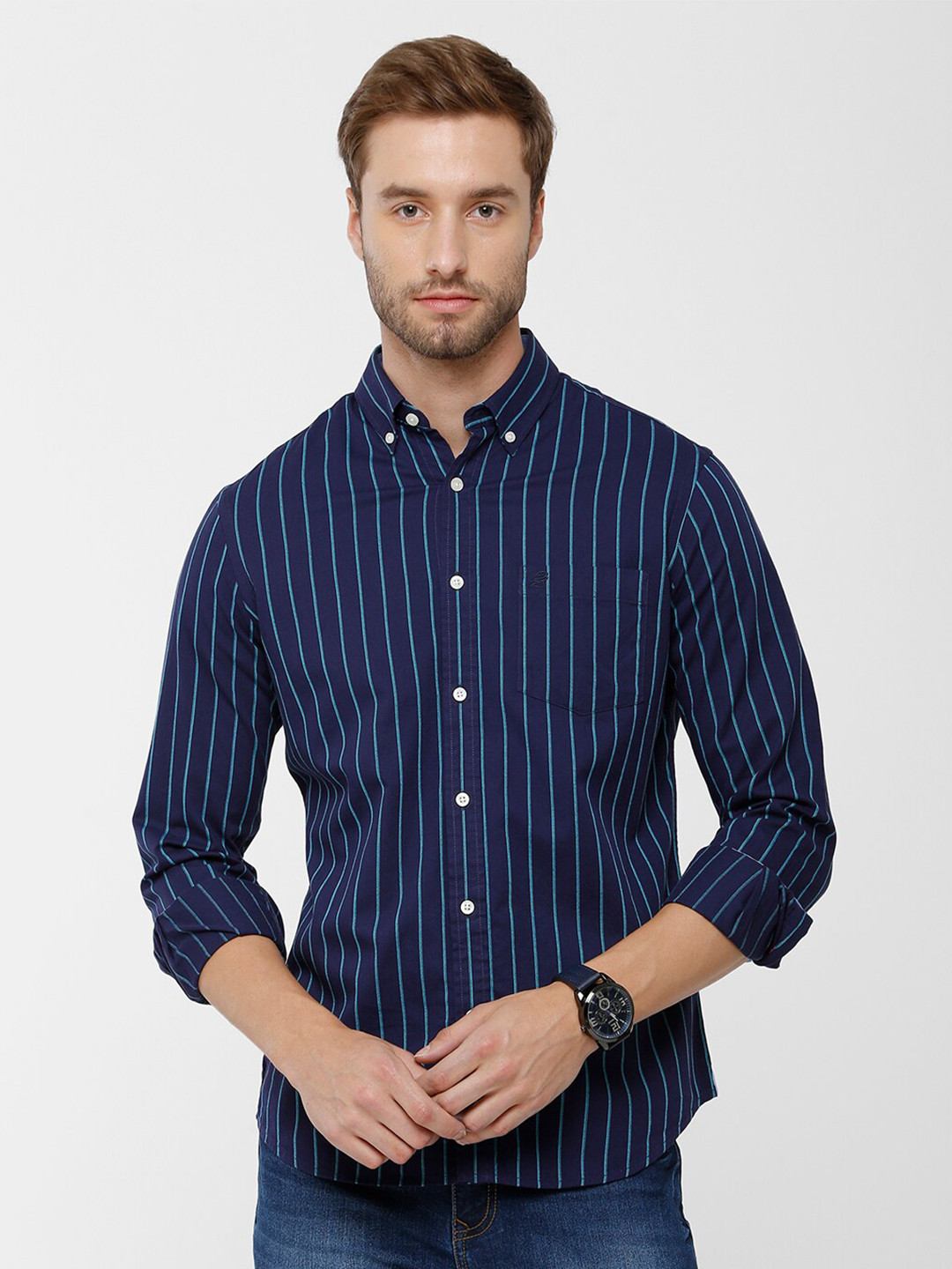 Buy Double Two Men Navy Blue Slim Fit Striped Cotton Casual Shirt ...