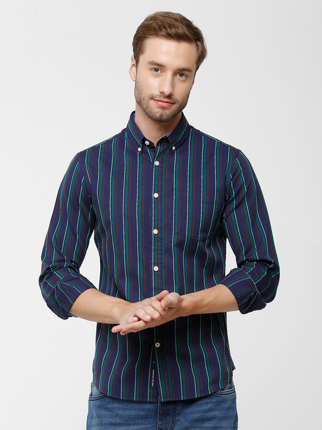 Buy Double Two Men Navy Blue Slim Fit Striped Cotton Casual Shirt ...