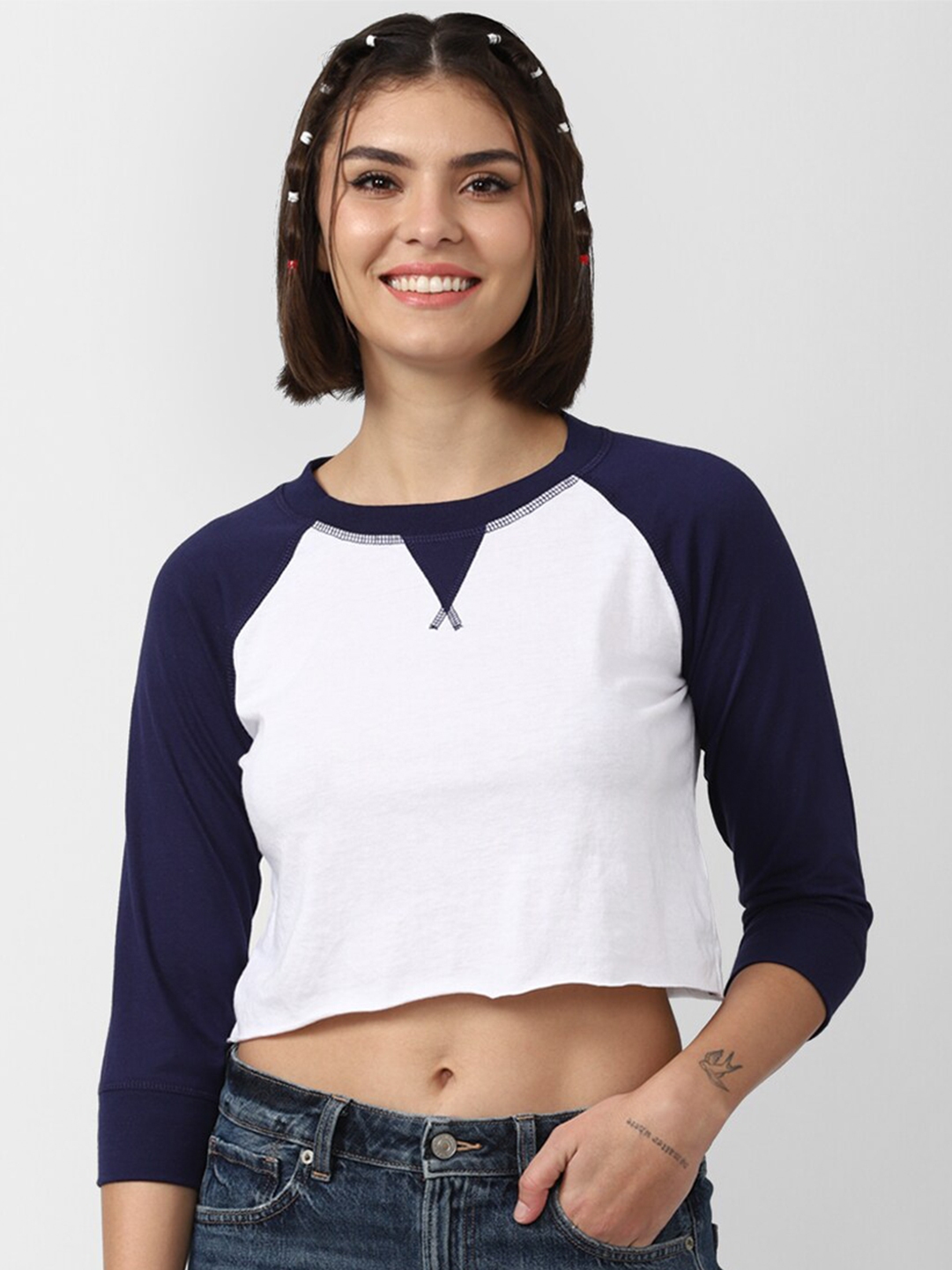 Buy Forever 21 White And Navy Blue Colourblocked Crop Top Tops For