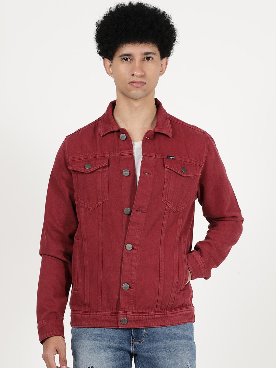 Buy Wrangler Men Red Flap Pocket Cotton Denim Jacket - Jackets for Men ...