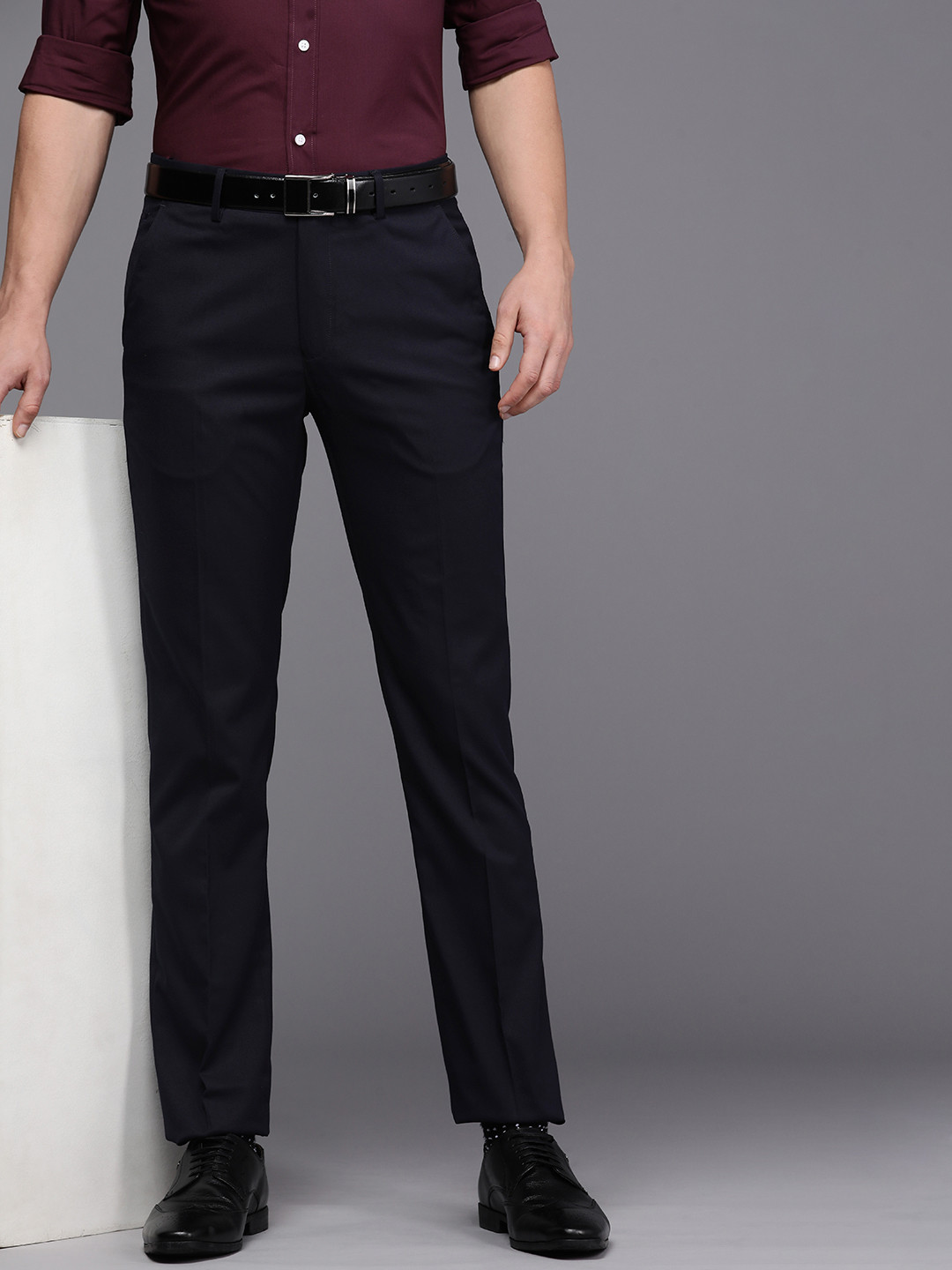 Buy Louis Philippe Men Navy Blue Solid Slim Fit Formal Trousers ...