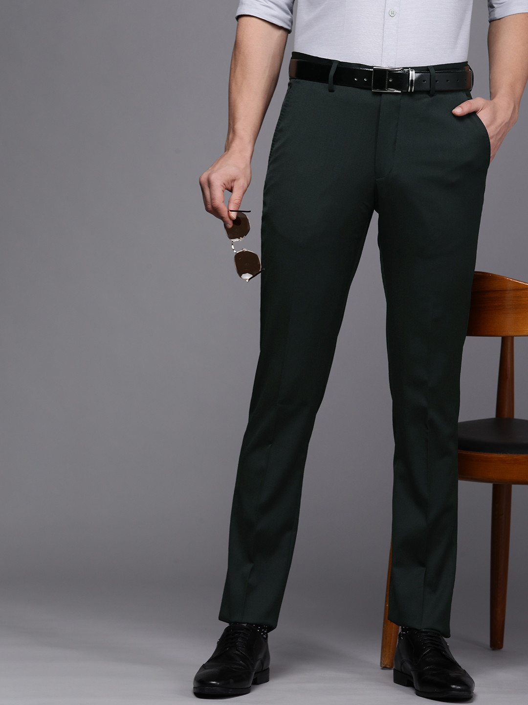 Buy Louis Philippe Men Olive Green Solid Slim Fit Formal Trousers ...