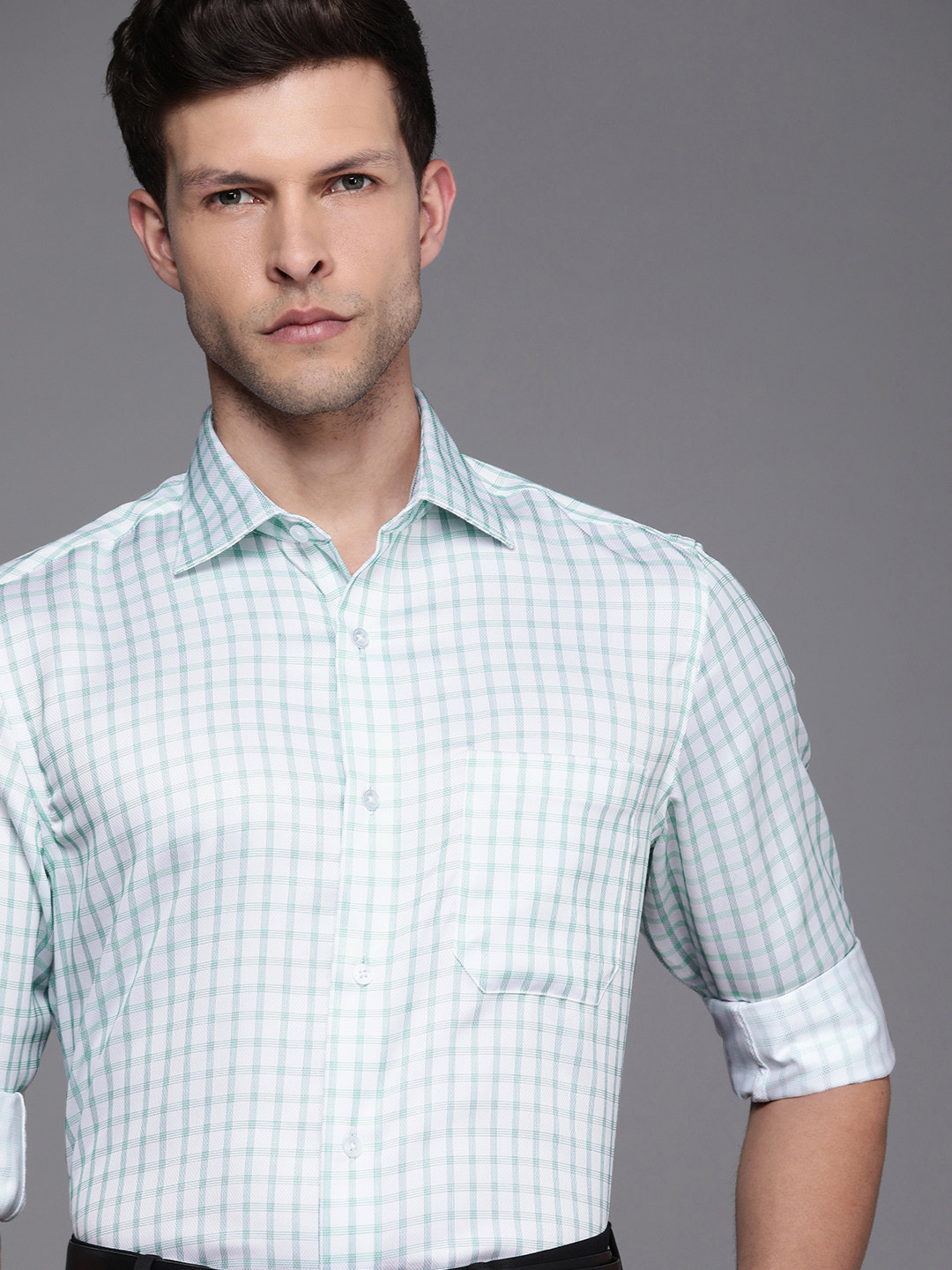 Buy Louis Philippe Permapress Men Green & White Classic Micro Checks ...