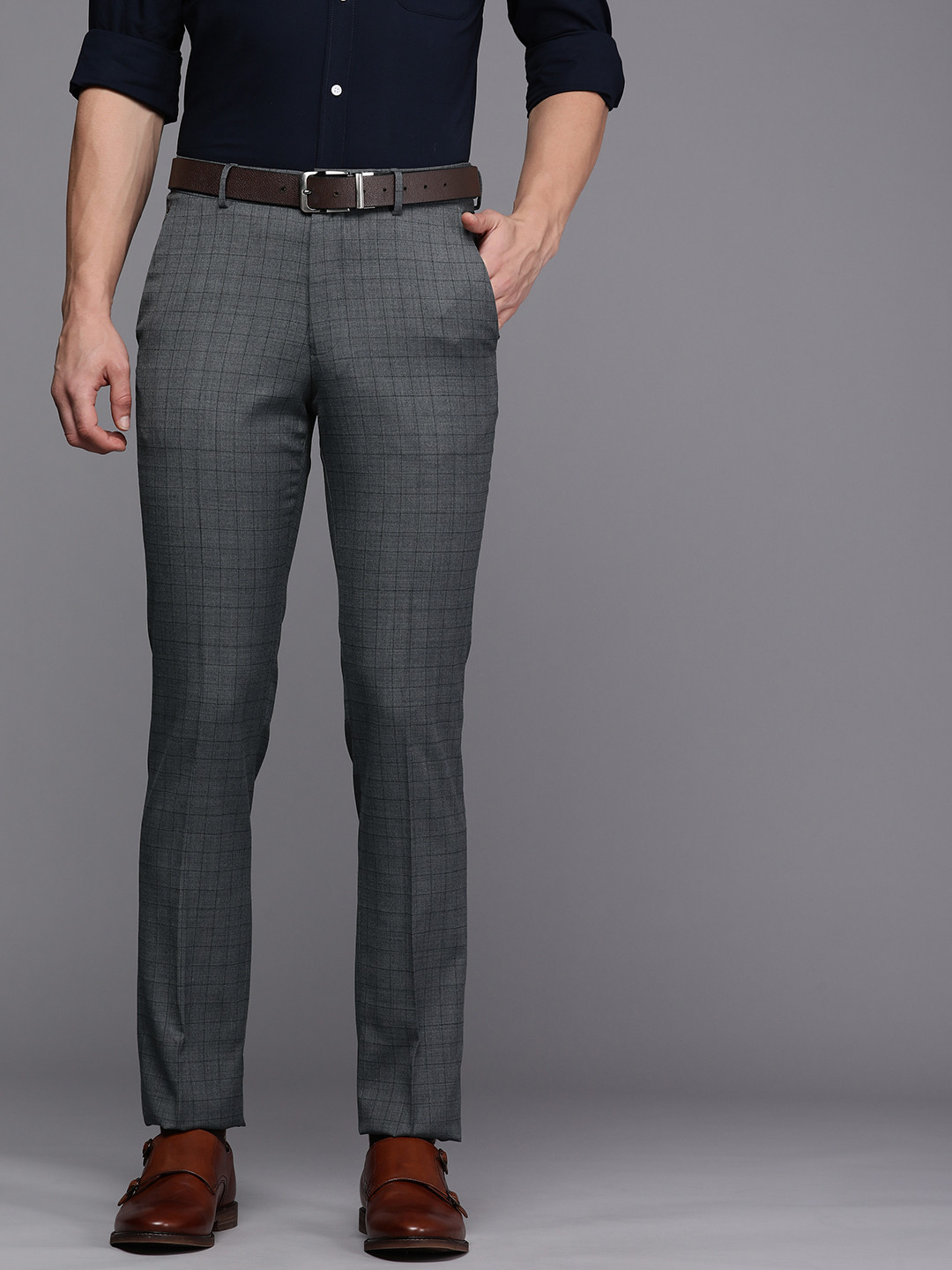 Buy Louis Philippe Men Checked Slim Fit Formal Trousers - Trousers for ...