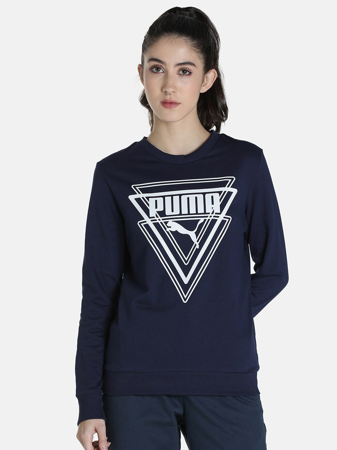 Buy Puma Women Navy Blue & White Graphic Crew Printed Cotton Regular ...