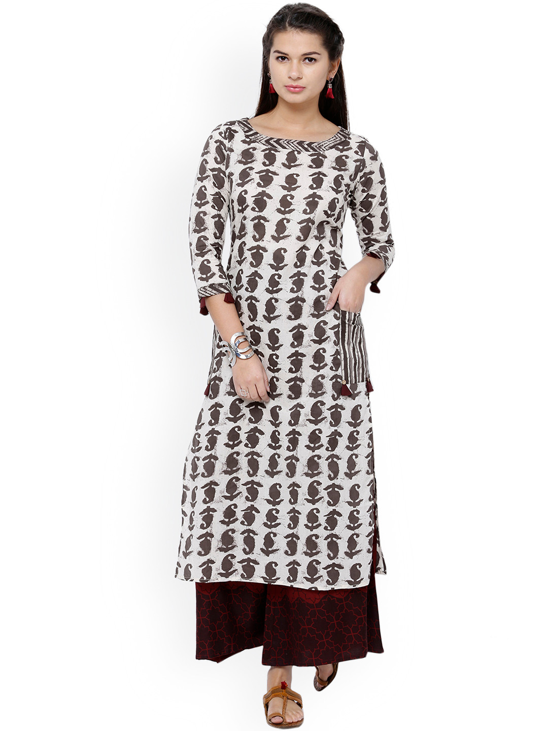 Buy Vishudh Women Cream Coloured & Taupe Printed Straight Kurta ...