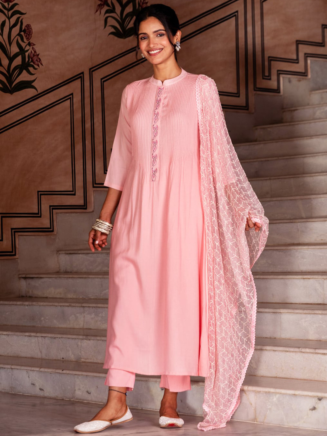 Buy Ambraee Women Pink Thread Work Kurta With Trousers & With Dupatta ...