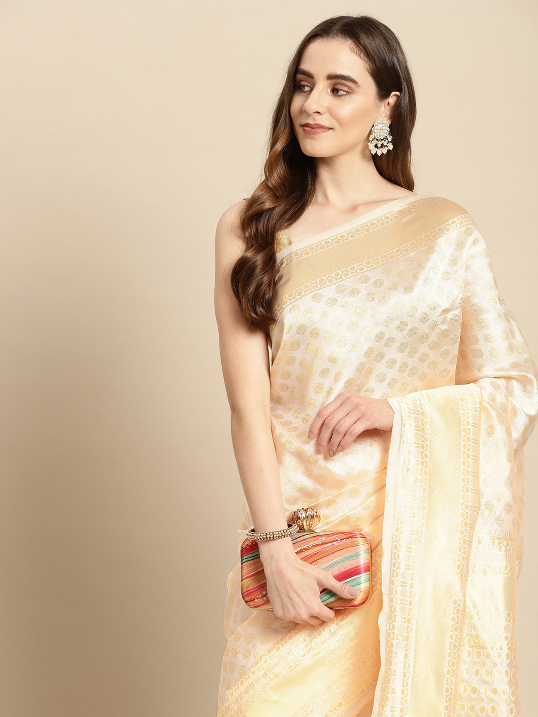 Buy Pothys Off White & Gold Toned Ethnic Motifs Art Silk Banarasi Saree ...