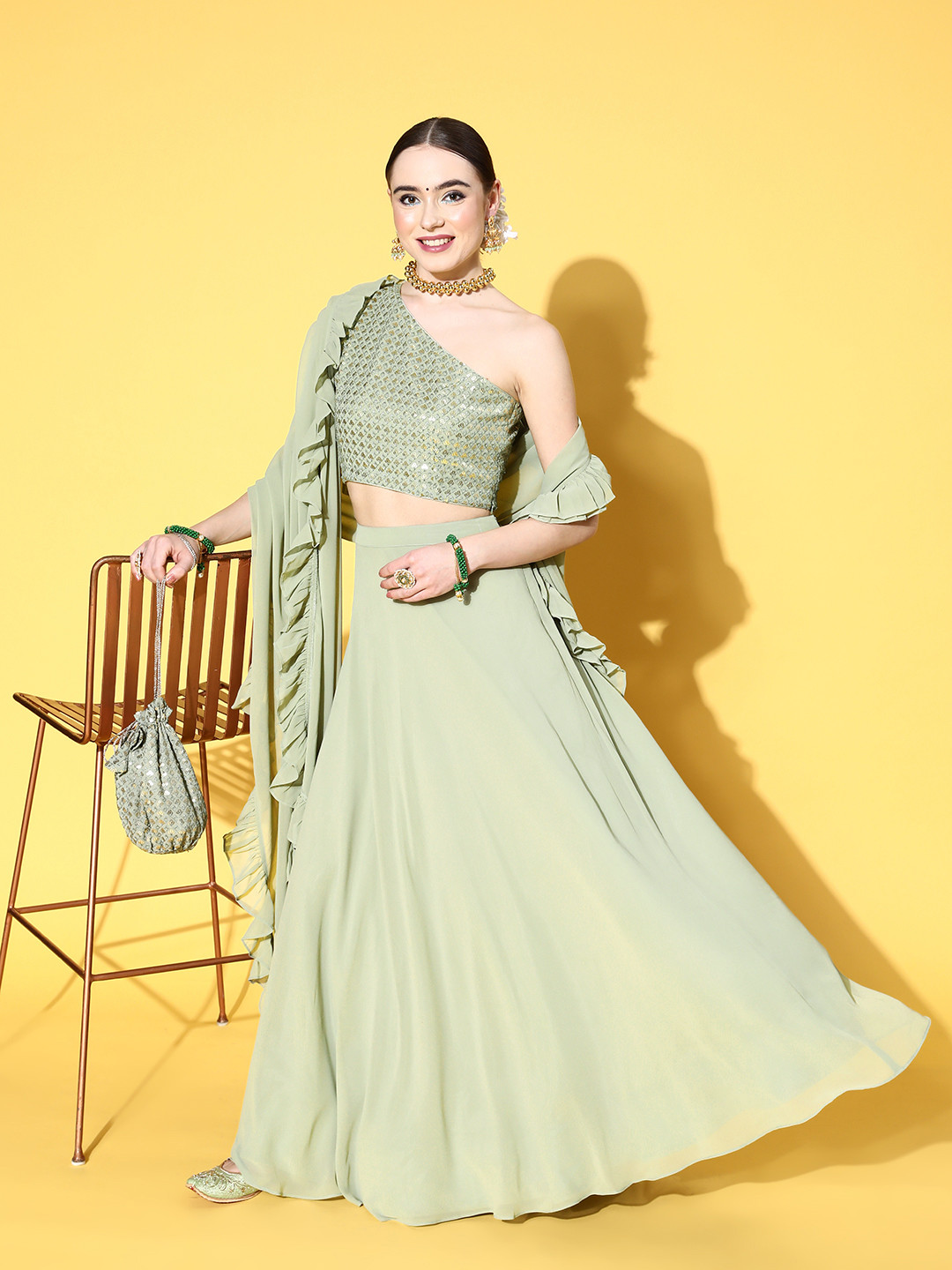 Buy Libas Green Embroidered Sequinned Ready To Wear Lehenga & Blouse ...