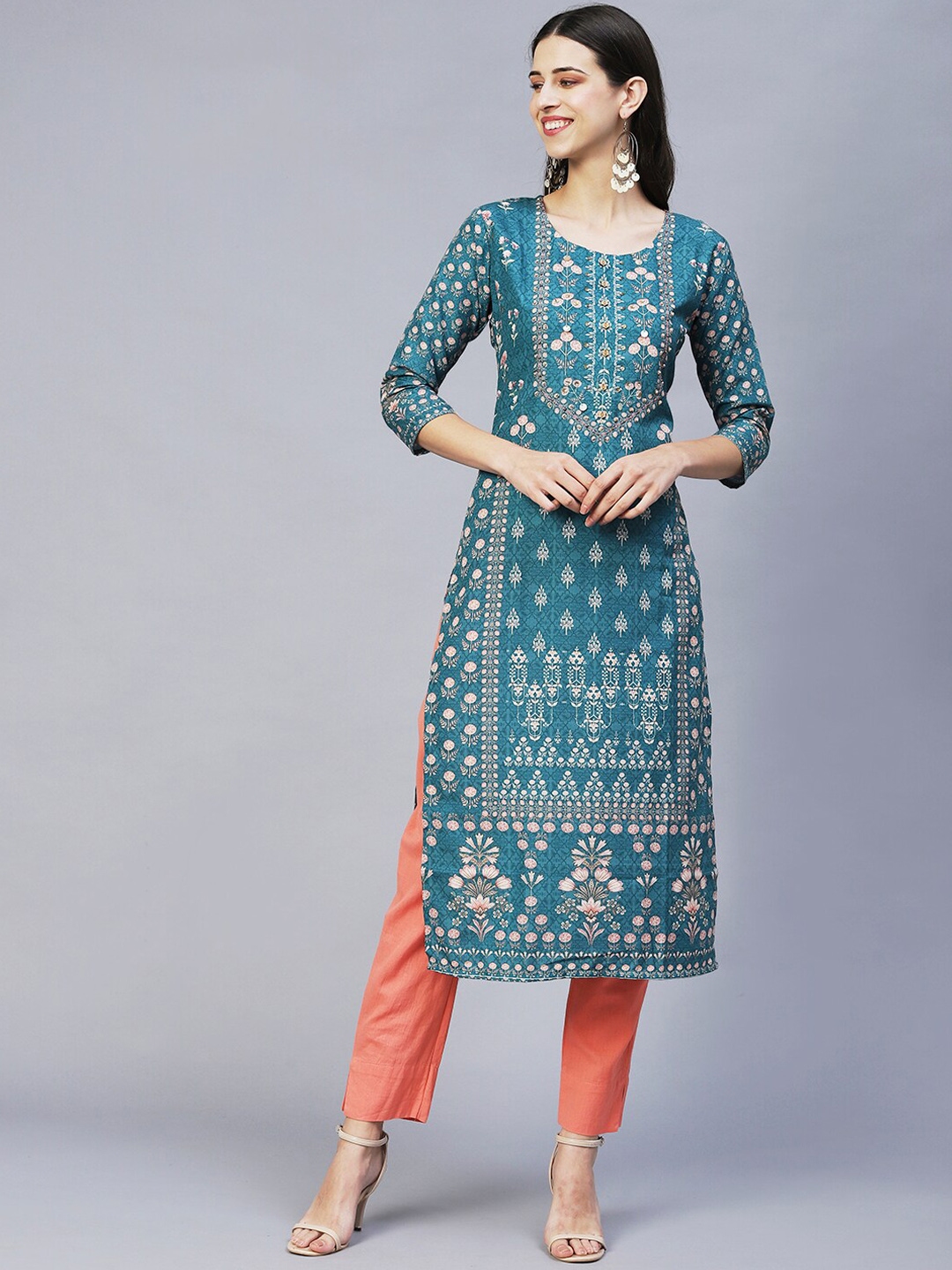 Buy Fashor Women Sea Green Ethnic Motifs Printed Straight Fit Cotton