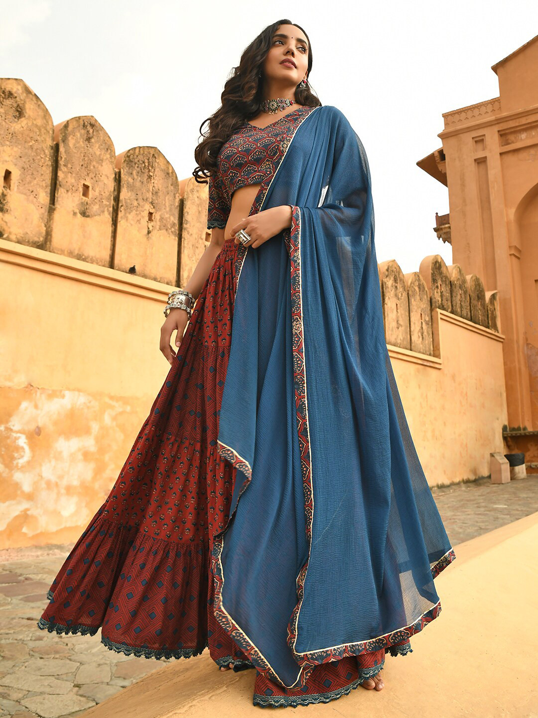 Buy Janasya Women Maroon Cotton Block Print Lehenga Choli With Dupatta ...