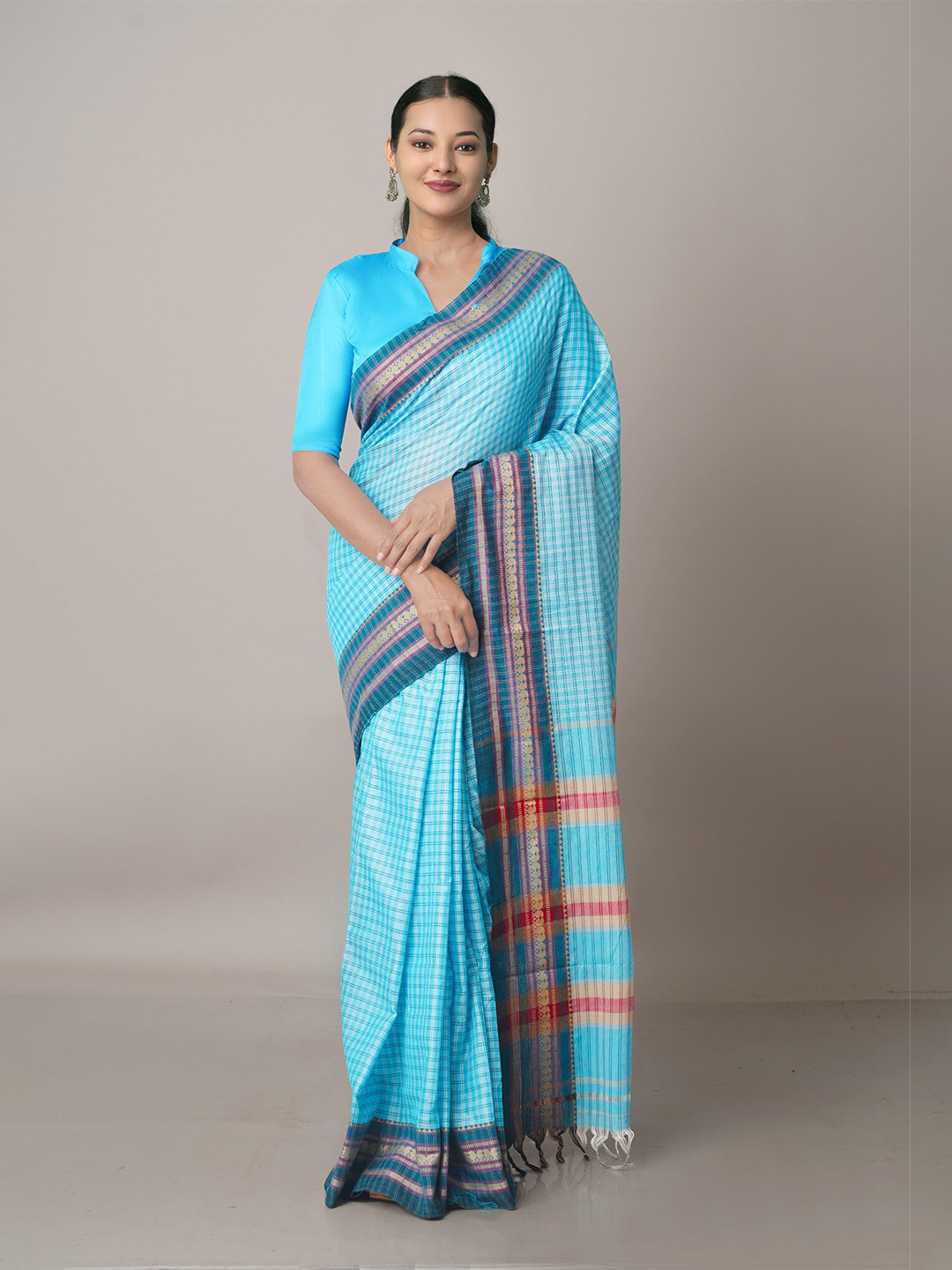 Buy Unnati Silks Blue Checked Pure Cotton Narayan Peth Saree - Sarees ...