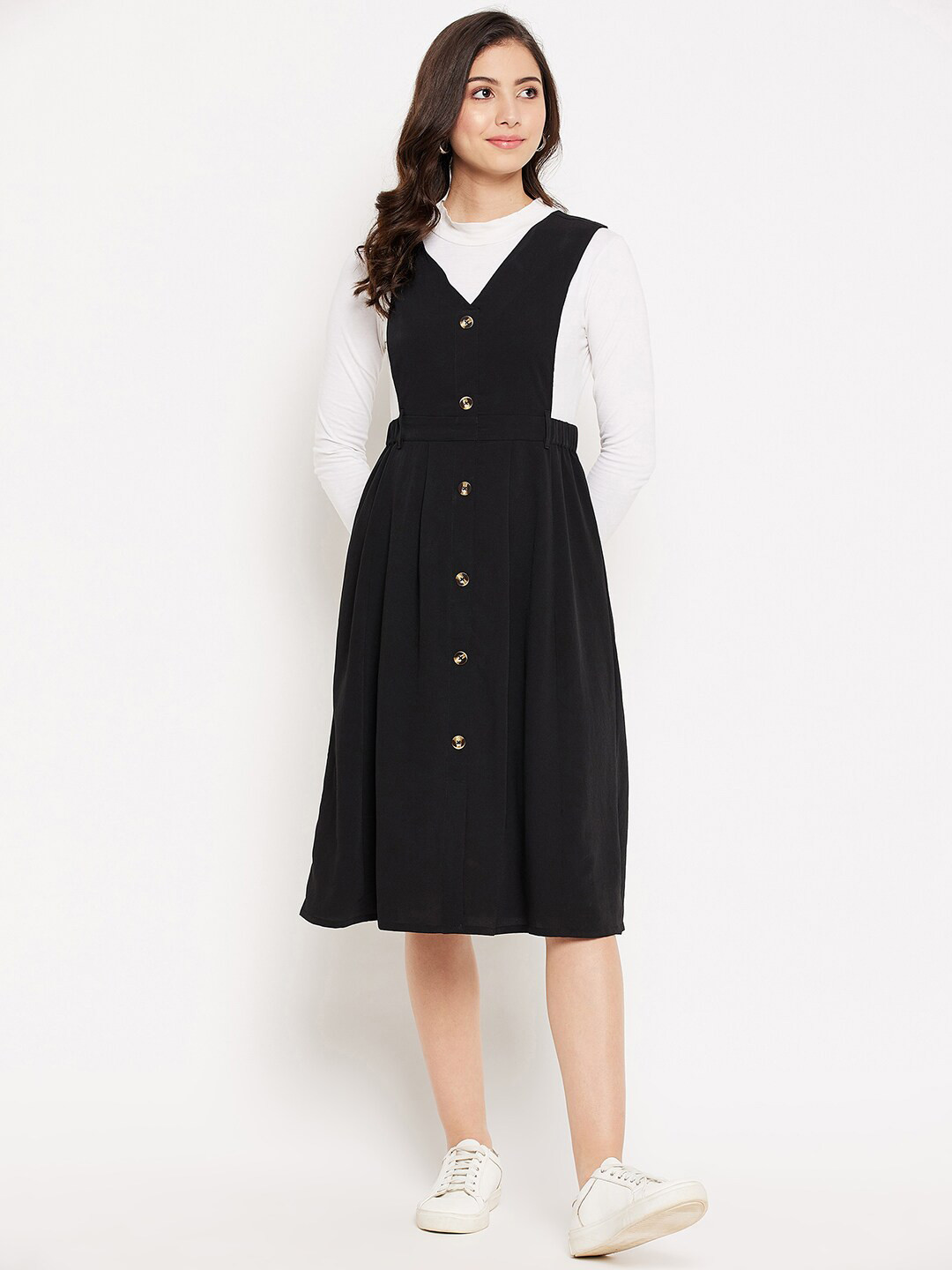 Buy WineRed Women Black Crepe Pinafore Dress With Button - Dresses for ...