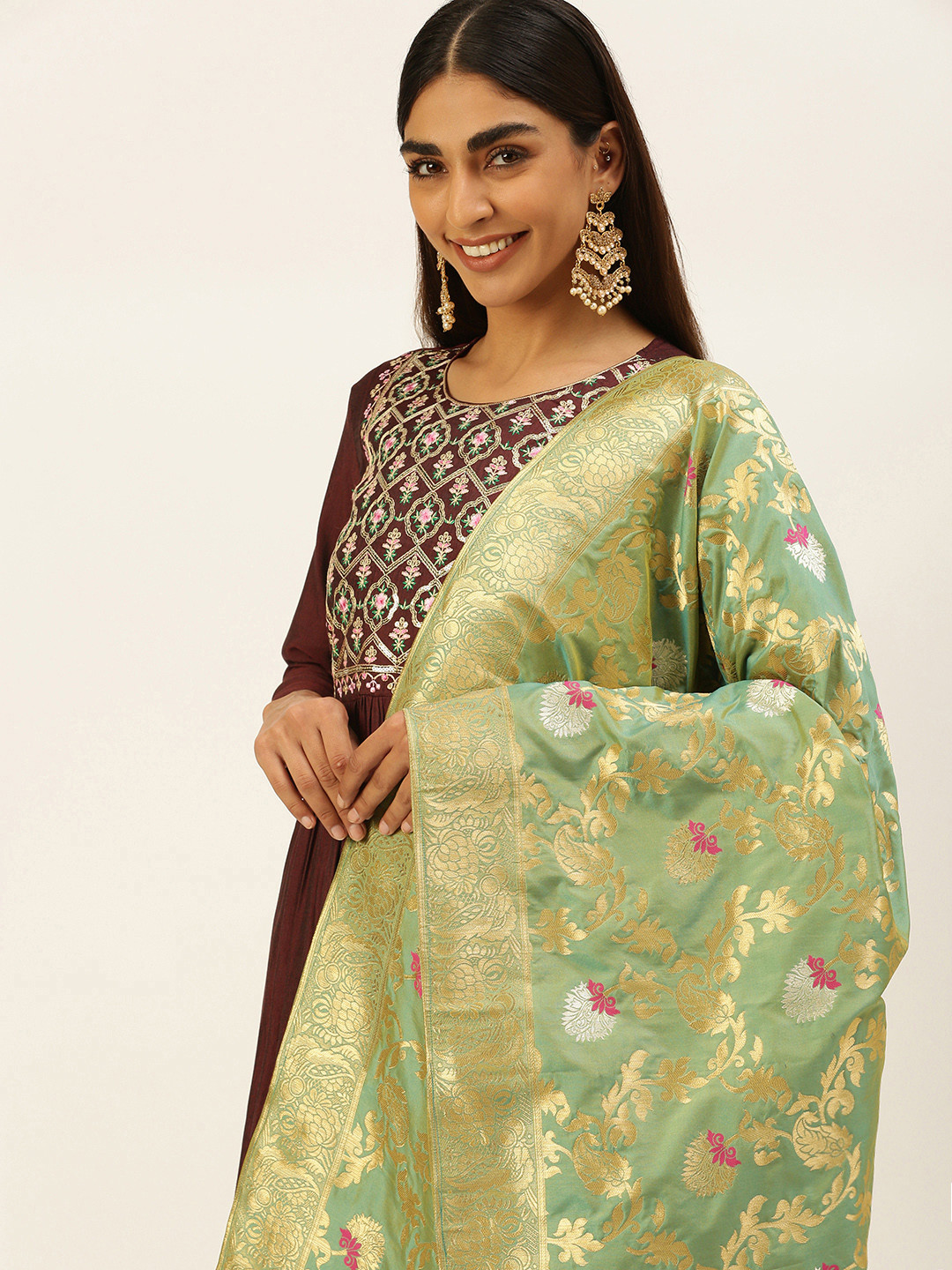Buy Panchhi Green Ethnic Motifs Woven Design Dupatta With Zari ...