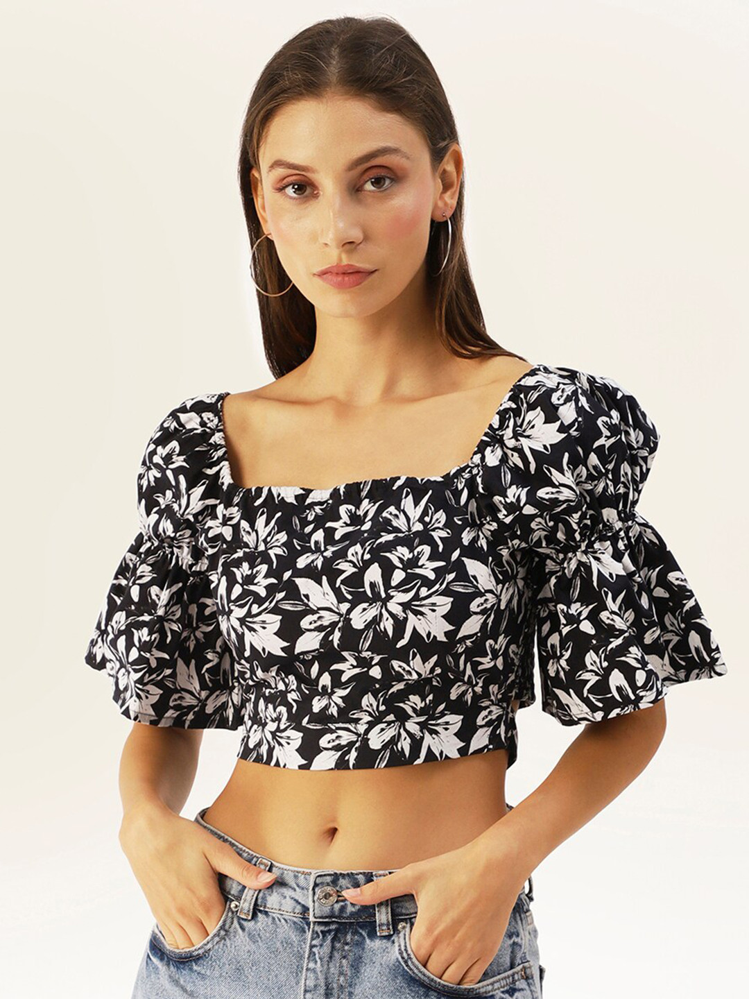 Buy DressBerry Women Black Floral Printed Crop Top - Tops for Women ...