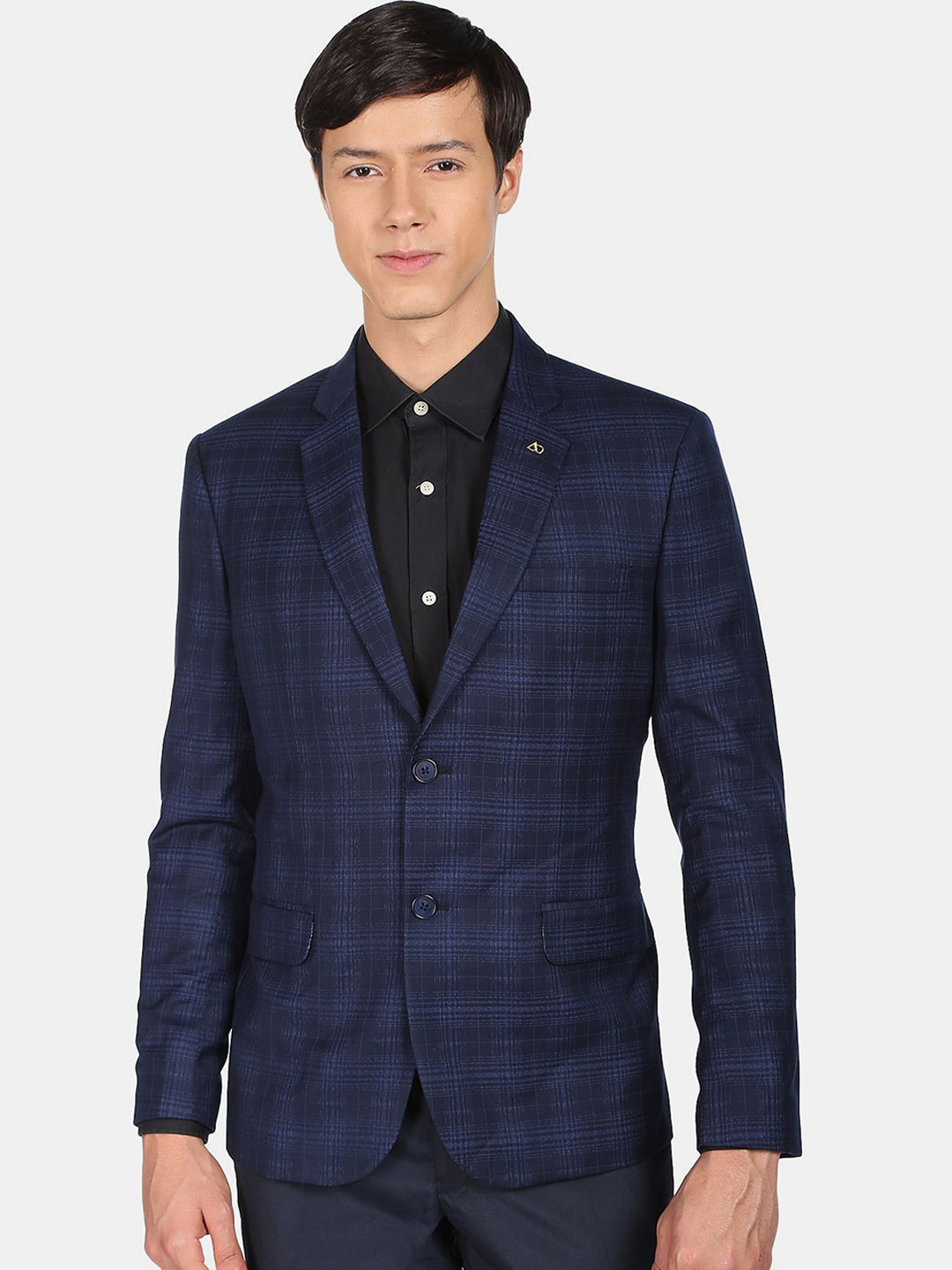 Buy AD By Arvind Men Navy Blue Checked Tailored Fit Single Breasted ...