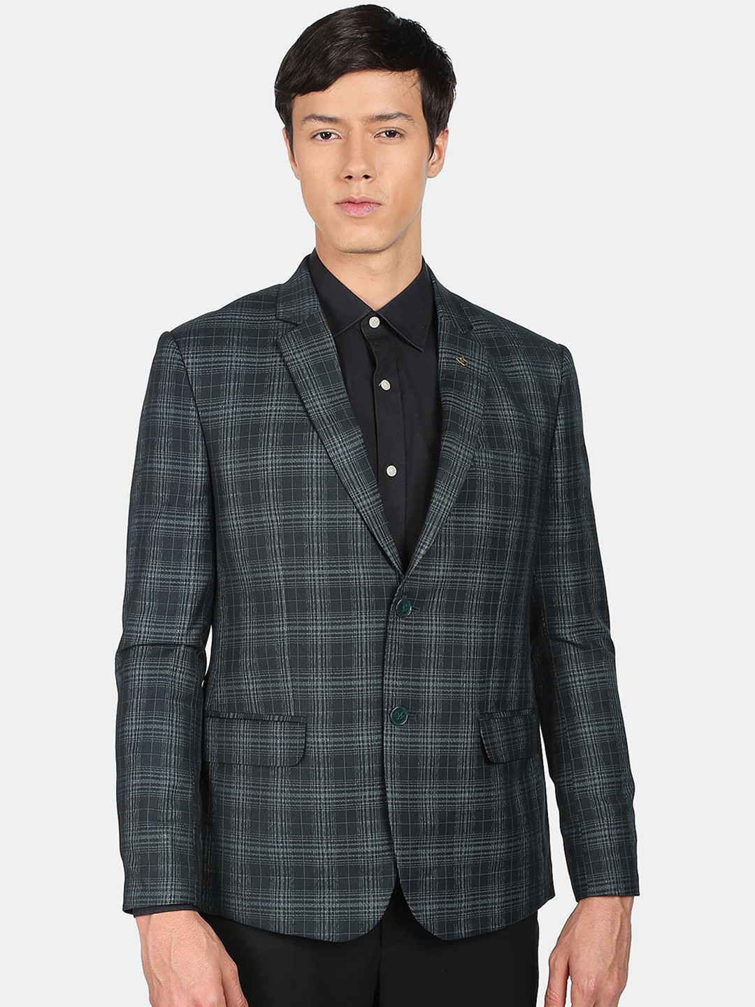 Buy AD By Arvind Men Green Checked Single Breasted Tailored Fit Formal ...