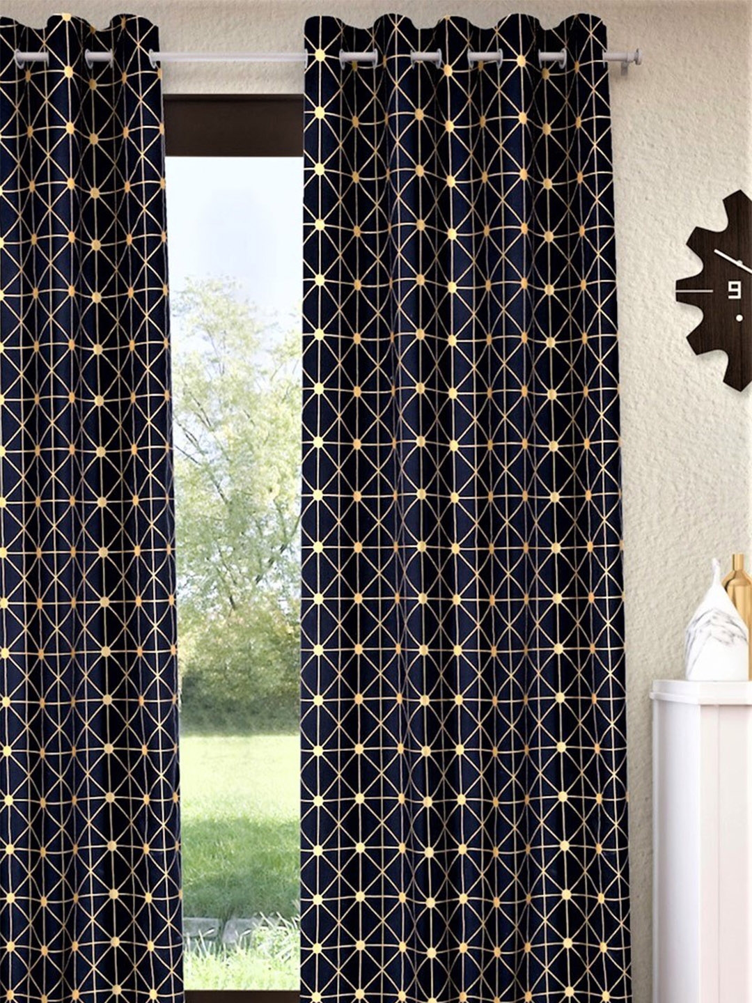 Buy Home Sizzler Navy Blue And Brown Geometric Cotton Room Darkening