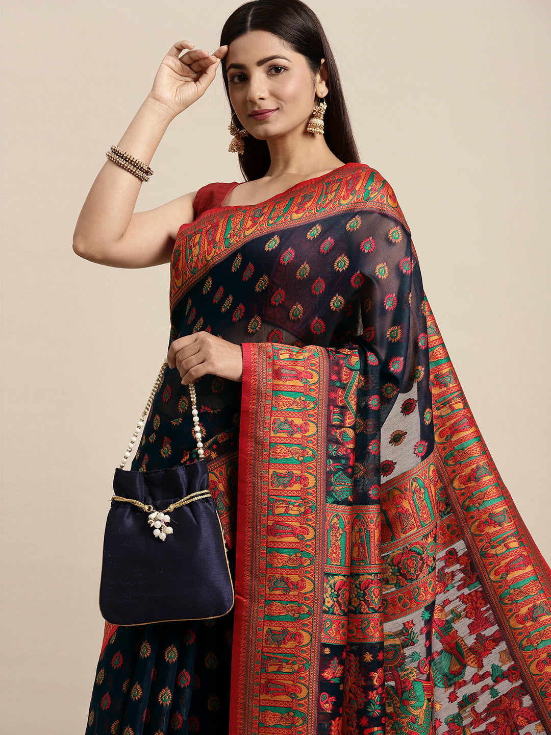 Buy AYKA CLOTHINGS Navy Blue Ethnic Motifs Pure Cotton Patola Saree ...