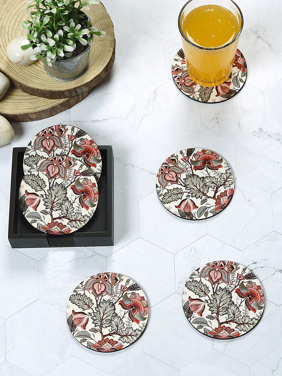 Buy Reinvention Factory Set Of 6 Cream Colour Printed Wooden Coasters ...