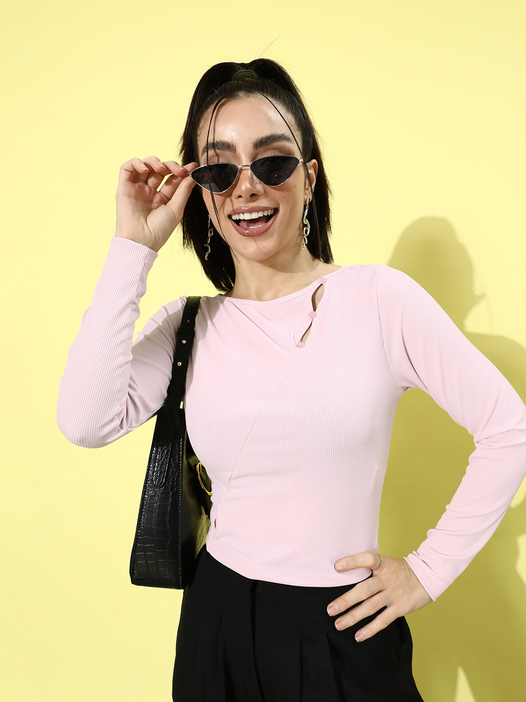 Buy Dressberry Striped Long Sleeves Crop Top With Cut Out Detail - Tops ...