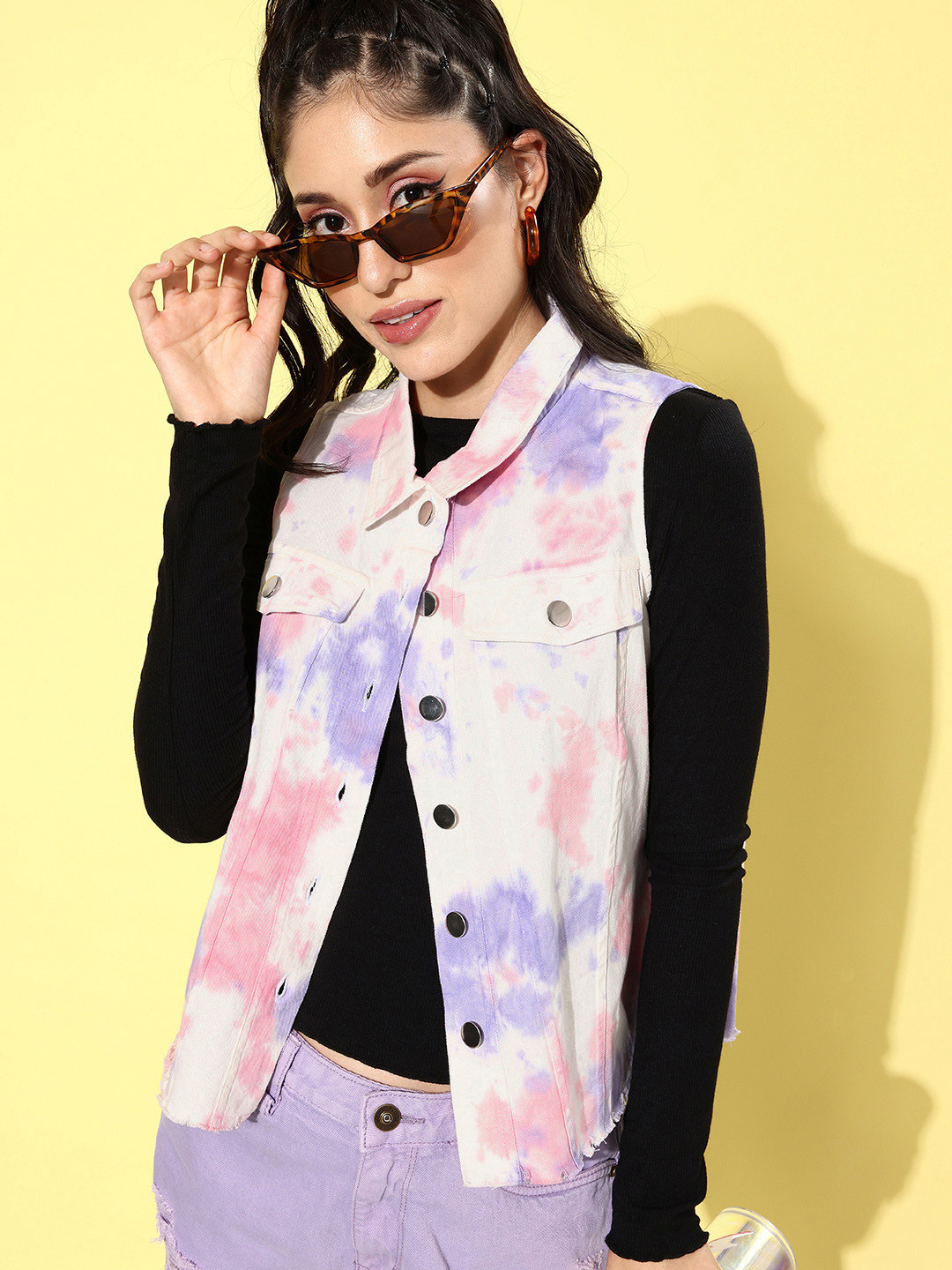 Buy Dressberry Women Tie And Dye Denim Jacket With Mock Pockets Detail ...