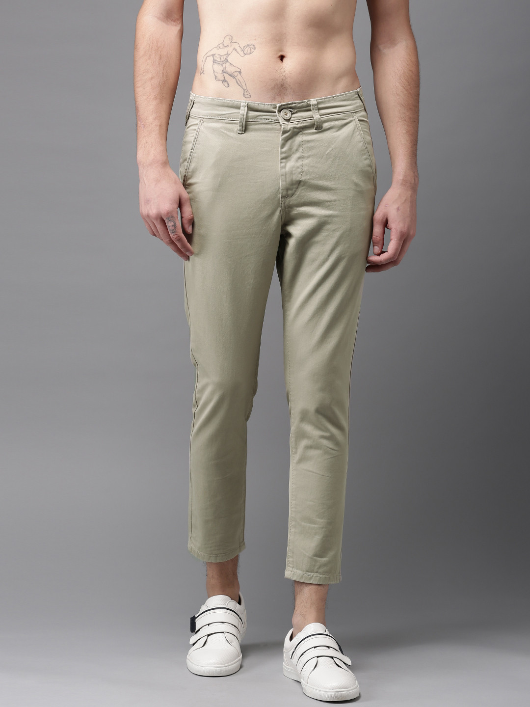 Buy HERE&NOW Men Beige Slim Fit Solid Cropped Chinos - Trousers for Men ...